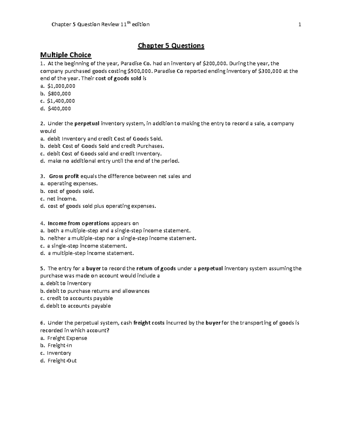 Chapter 5 Question Review 11th edition - Chapter 5 Questions Multiple ...