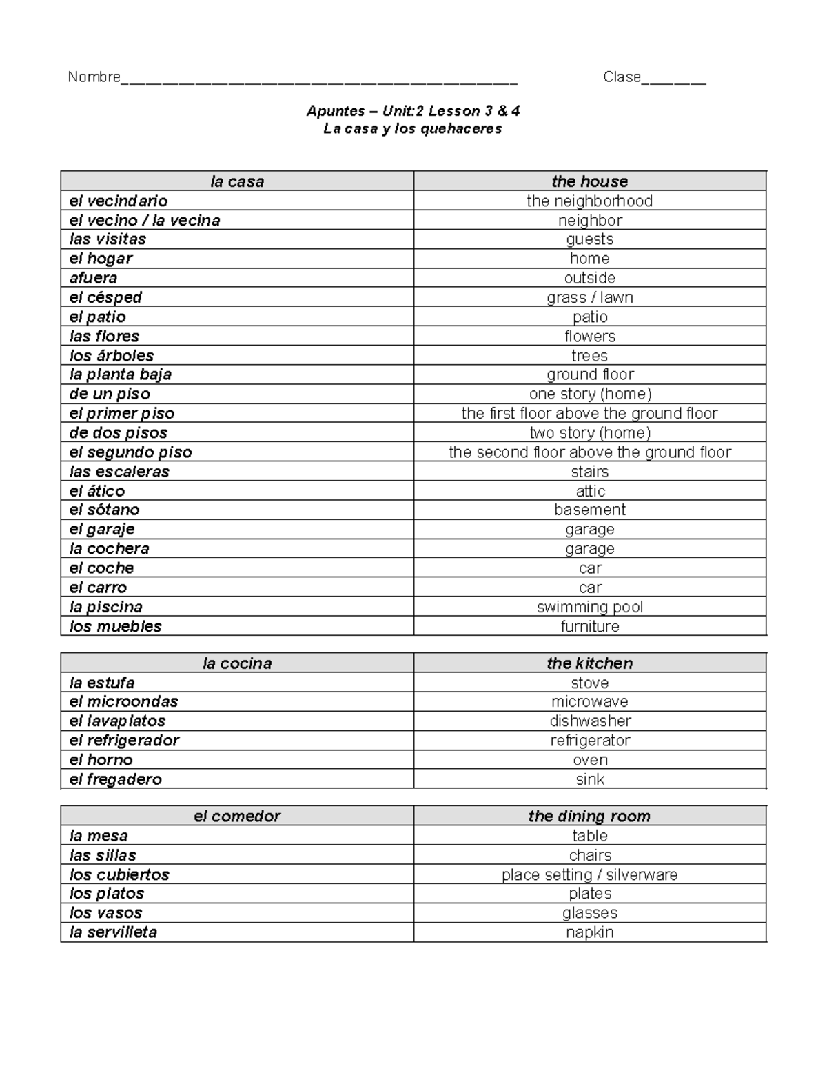Vocabulary Unit 2 Lesson 3 & 4 With Answers - Nombre