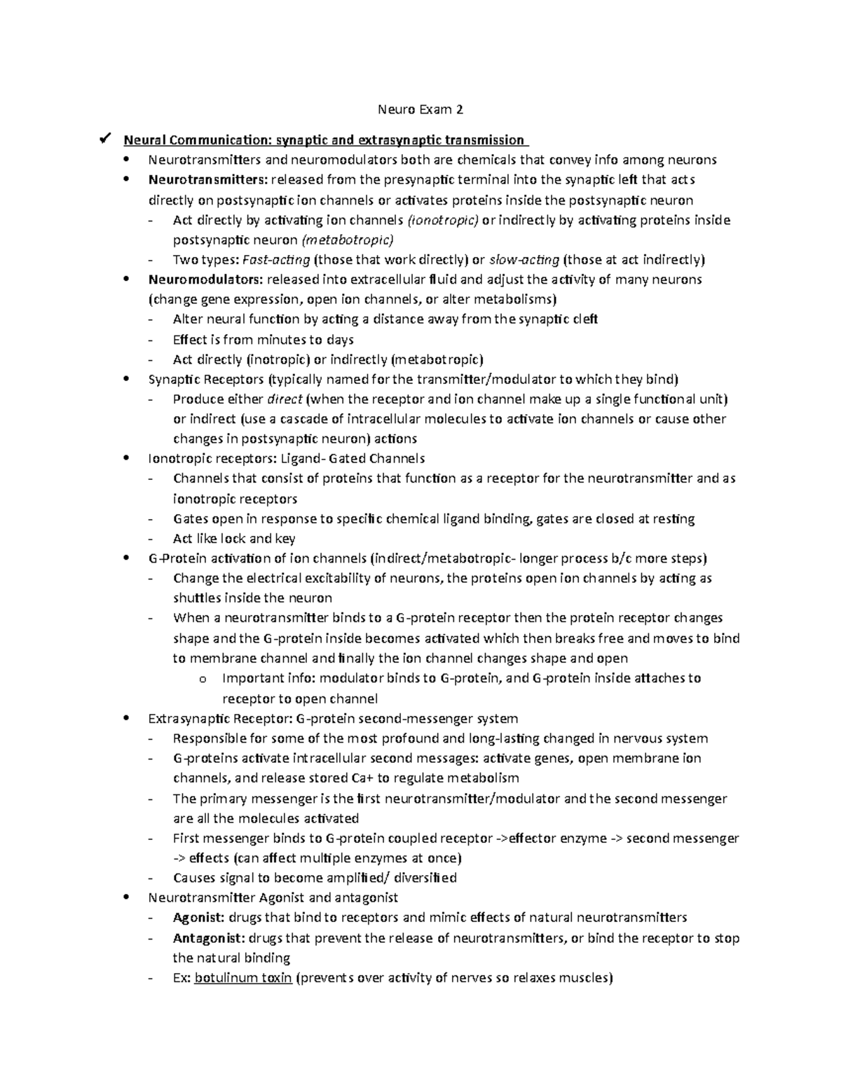 Neuro Exam 2 - Outline of notes for exam 2 - Neuro Exam 2 Neural ...