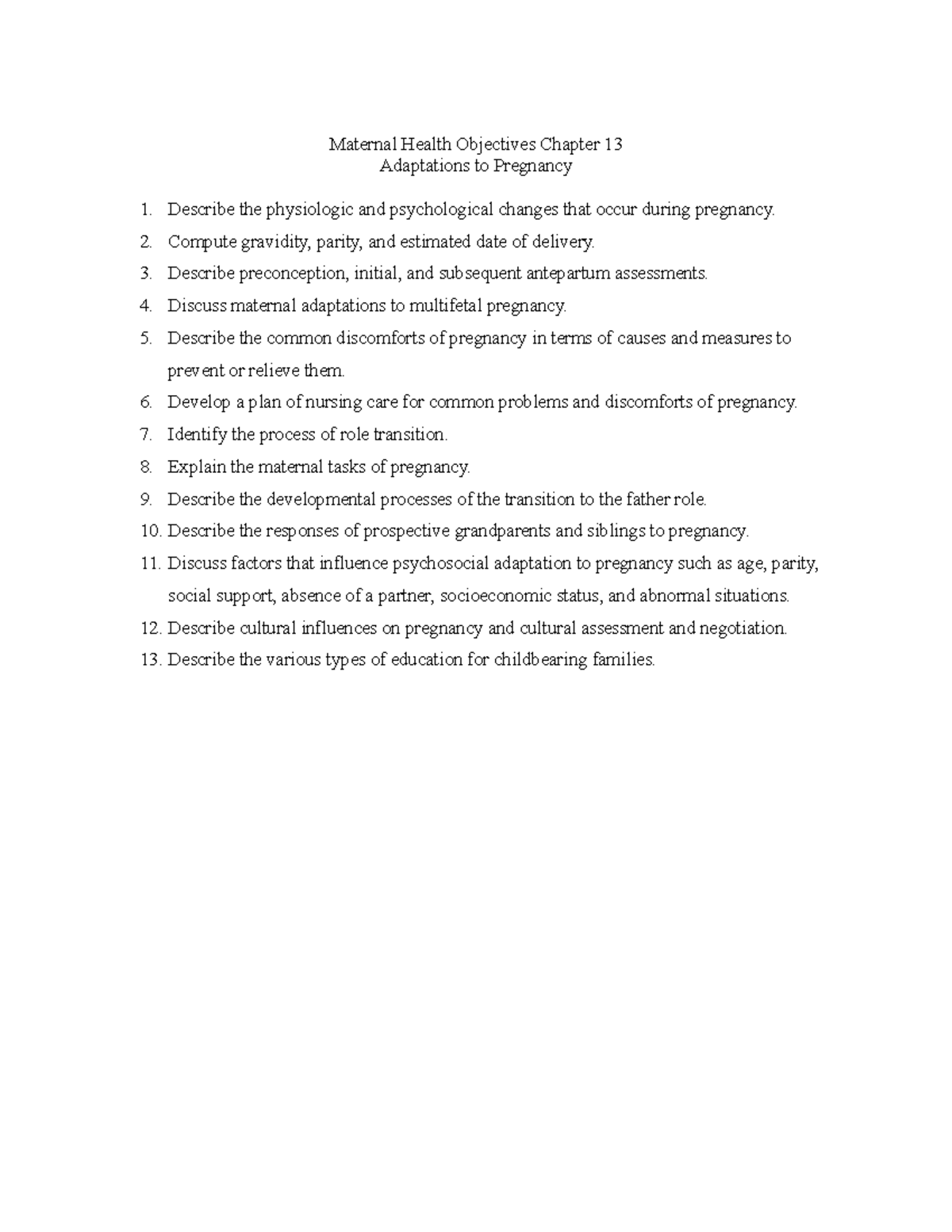 Mat Health Chap 13 Objectives - Maternal Health Objectives Chapter 13 ...