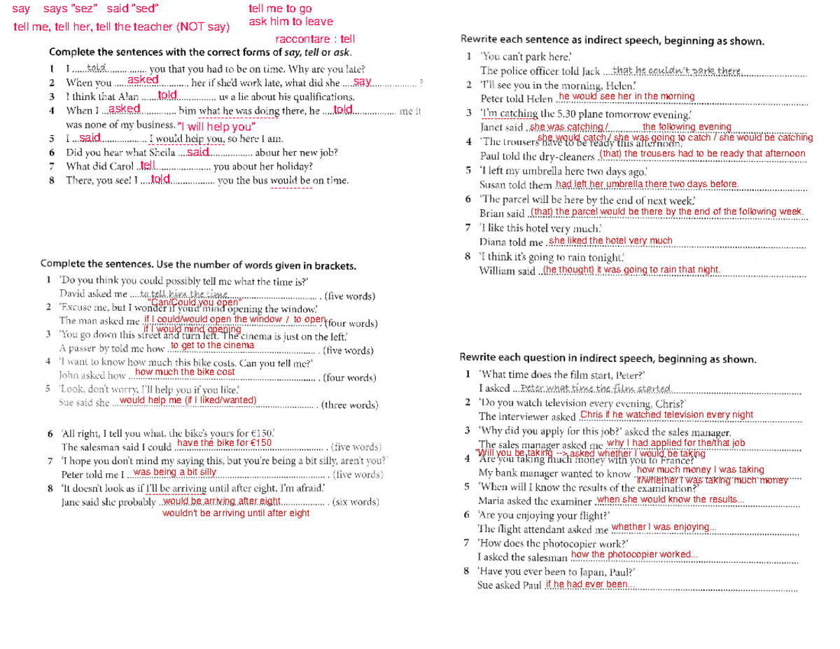 Reported Speech exercises say tell ask - Inglese - Studocu
