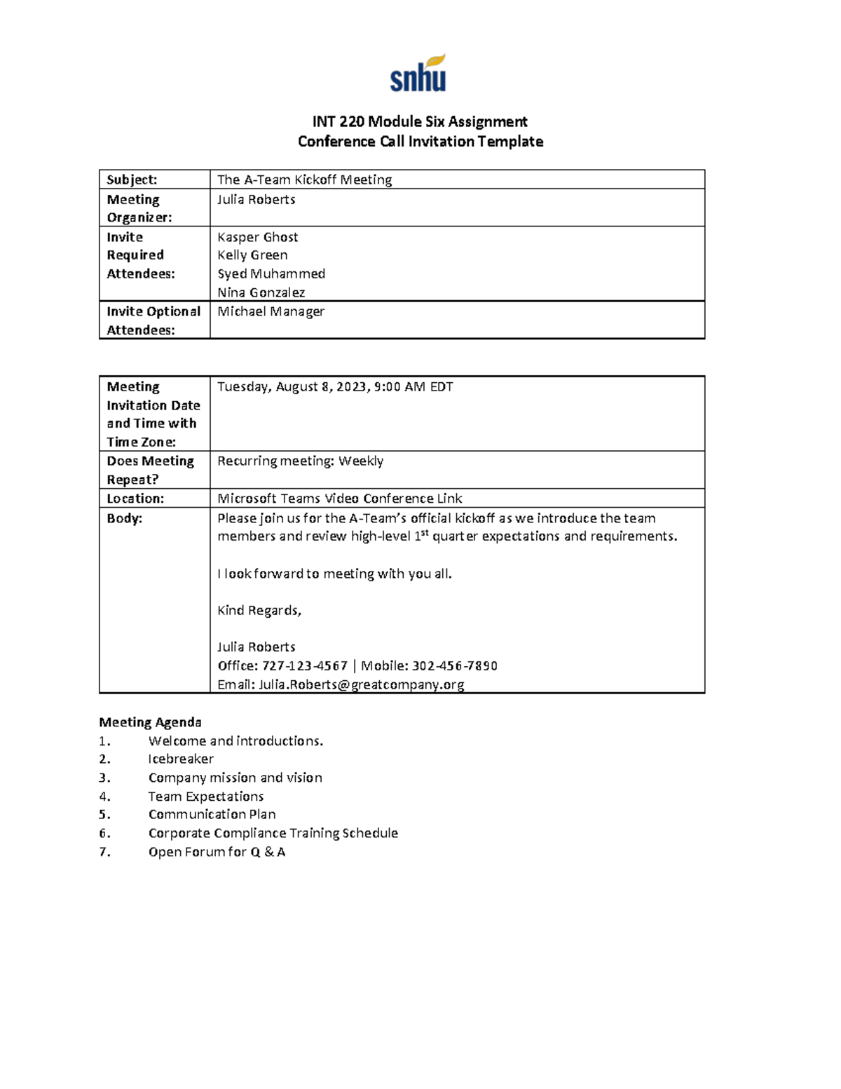 INT 220 Conference Call Invitation - INT 220 Module Six Assignment ...