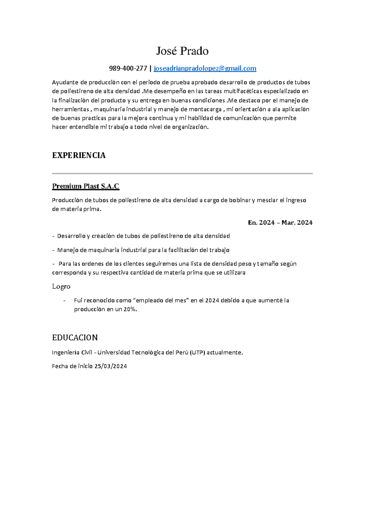 CV Jose Prado - CURRÍCULUM - José Prado 989 - 400 - 277 ...