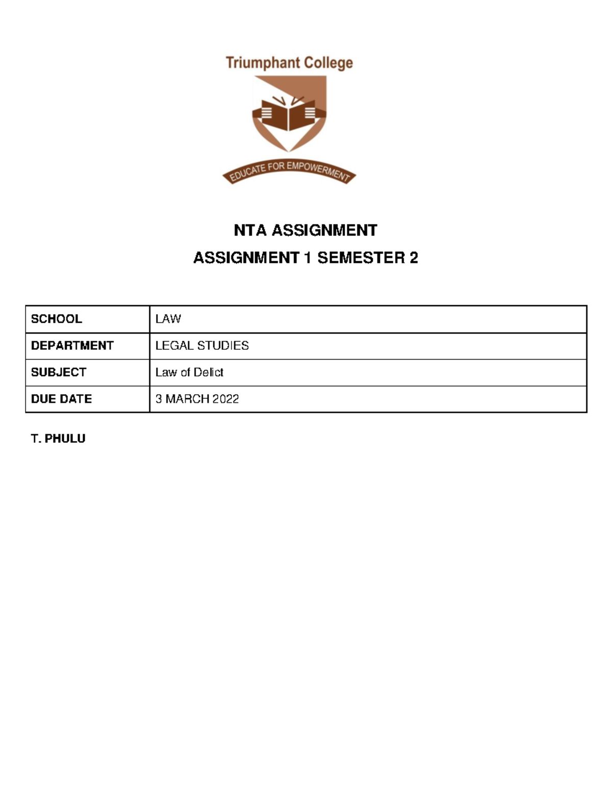 NTA Law of Delict Assignment - NTA ASSIGNMENT ASSIGNMENT 1 SEMESTER 2 ...
