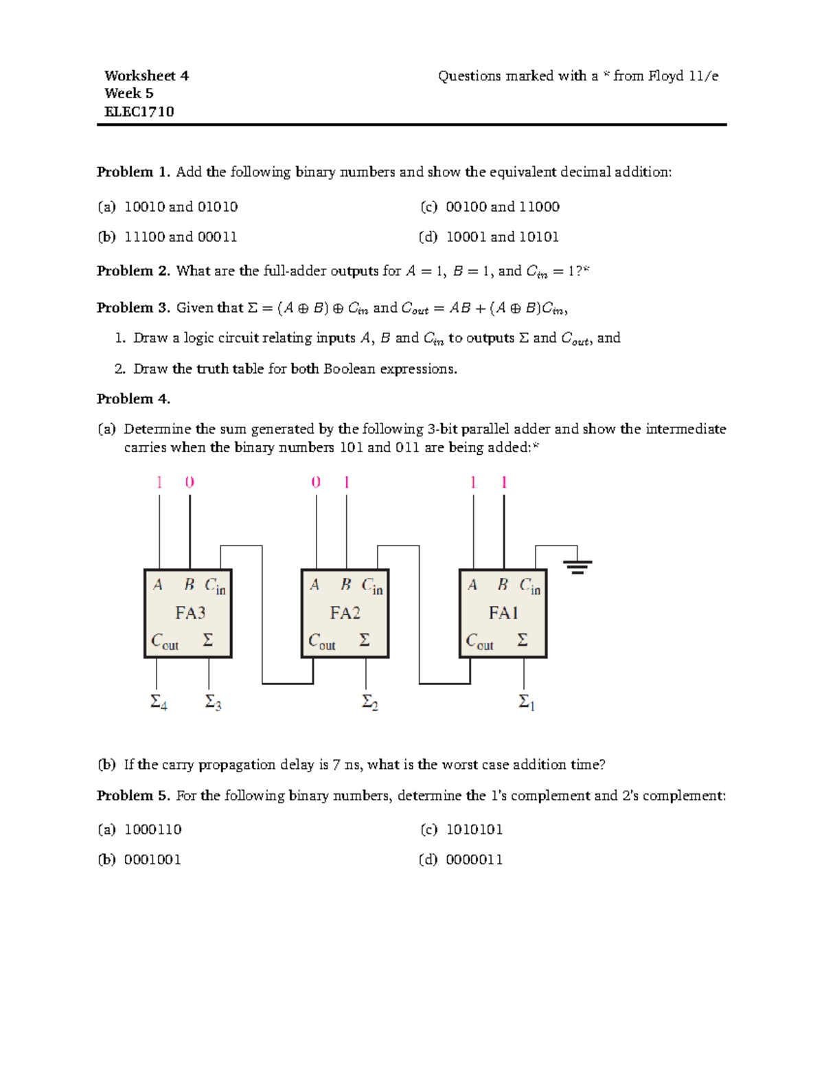 ELEC1710 Worksheet 4 - Elec 1710 at Callaghan Campus - Worksheet 4 Questions marked with a ...