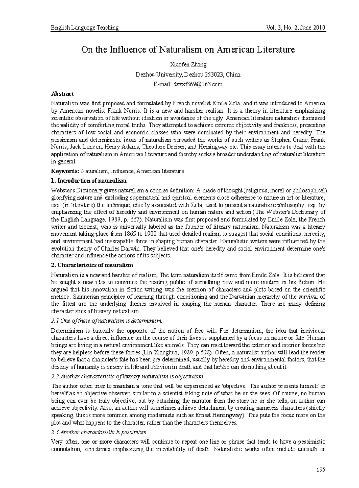 Naturalism - literature - English Language Teaching Vol. 3, No. 2; June ...