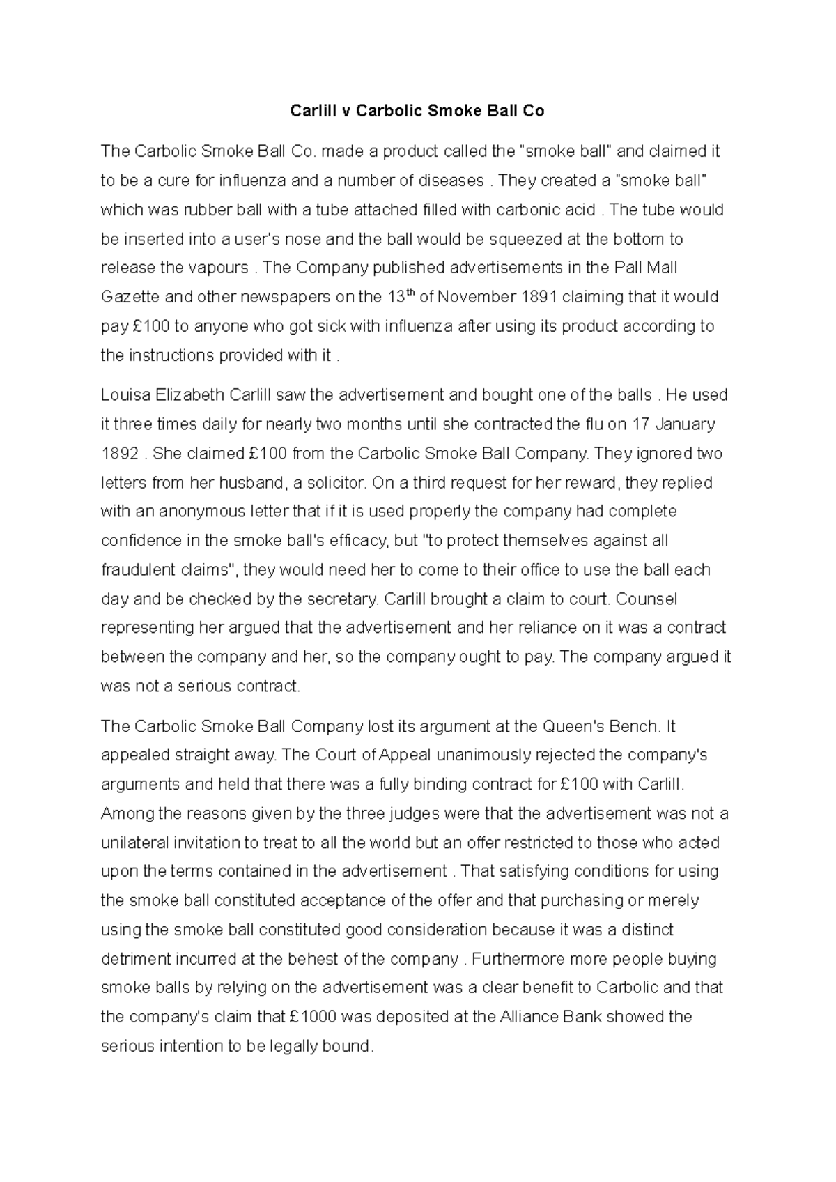 Carlill summary - relevant - Carlill v Carbolic Smoke Ball Co The ...