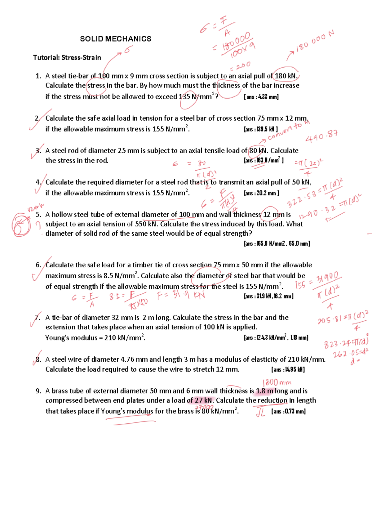 01 tutorial 1 stress - SOLID MECHANICS Tutorial: Stress-Strain 1. A steel tie-bar of 100 mm x 9 ...