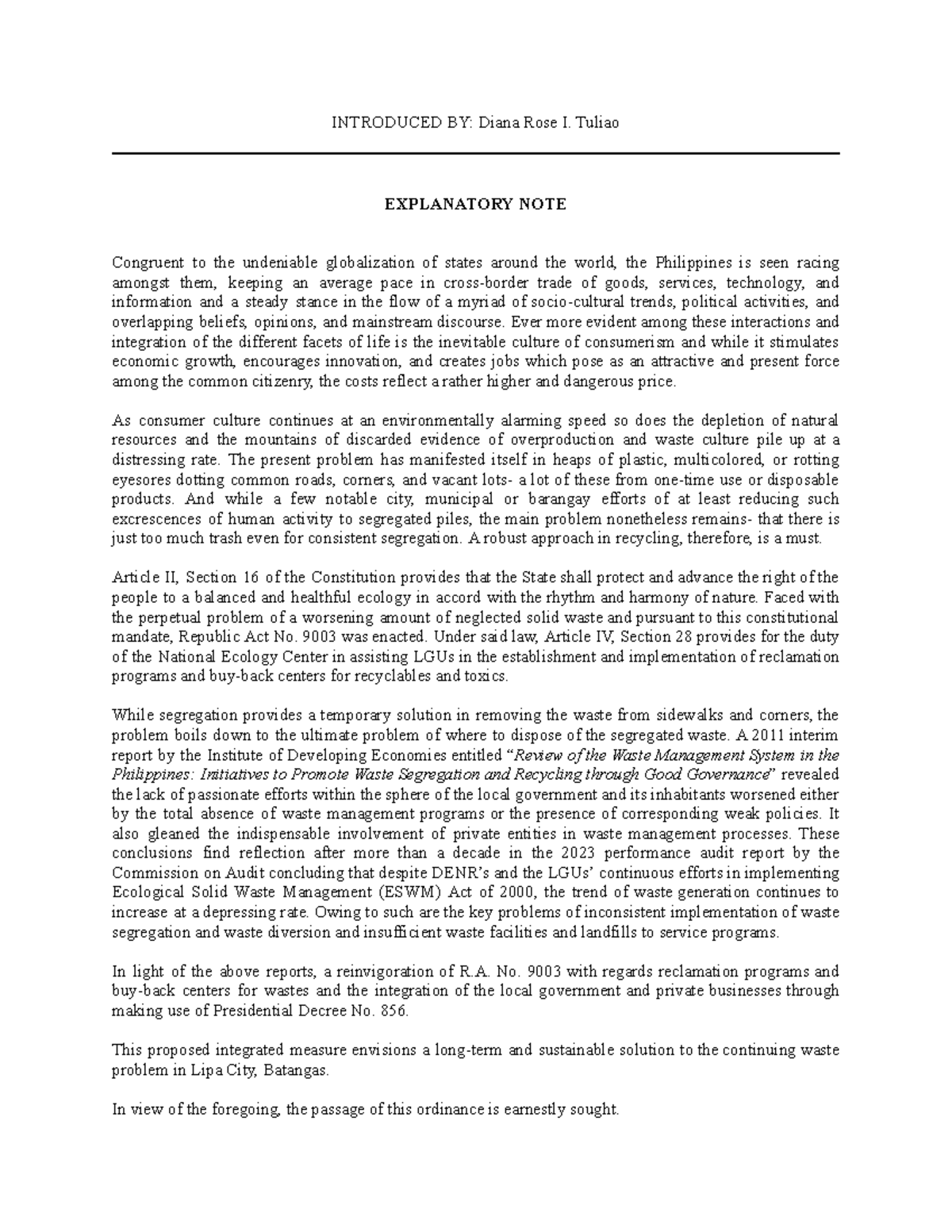Sample Ordinance Envi Law - INTRODUCED BY: Diana Rose I. Tuliao ...