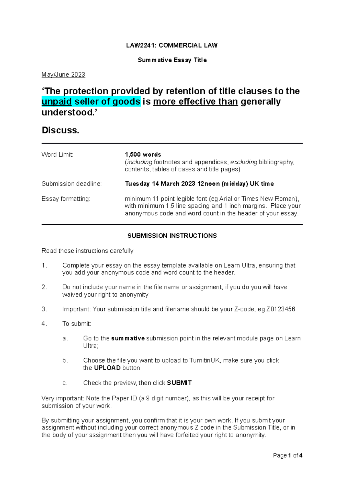 Summative Question - Coursework - LAW2241: COMMERCIAL LAW Summative ...