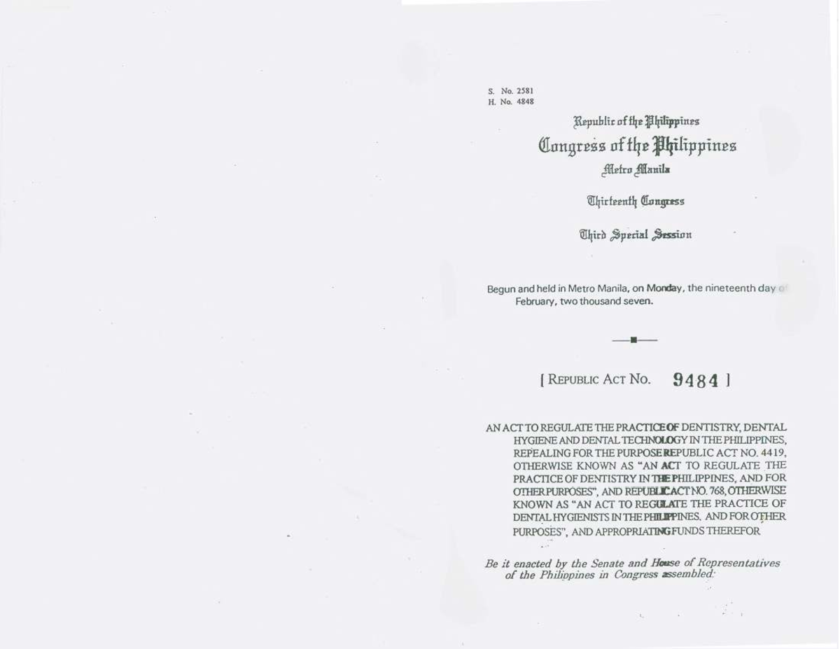 LAW-Republic Act No. 9484-12012 010 - S. No. 2581 H. No. 4848 Republic ...