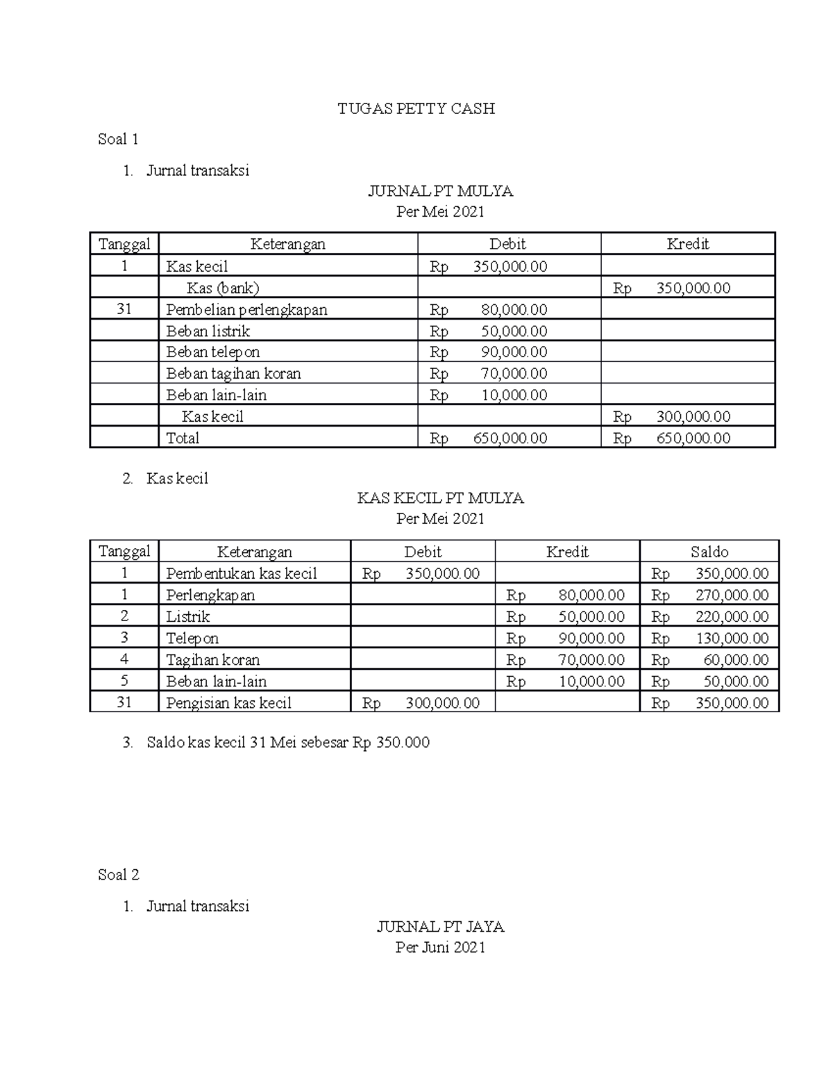 Tugas Petty Cash - ####### TUGAS PETTY CASH Soal 1 Jurnal transaksi ...