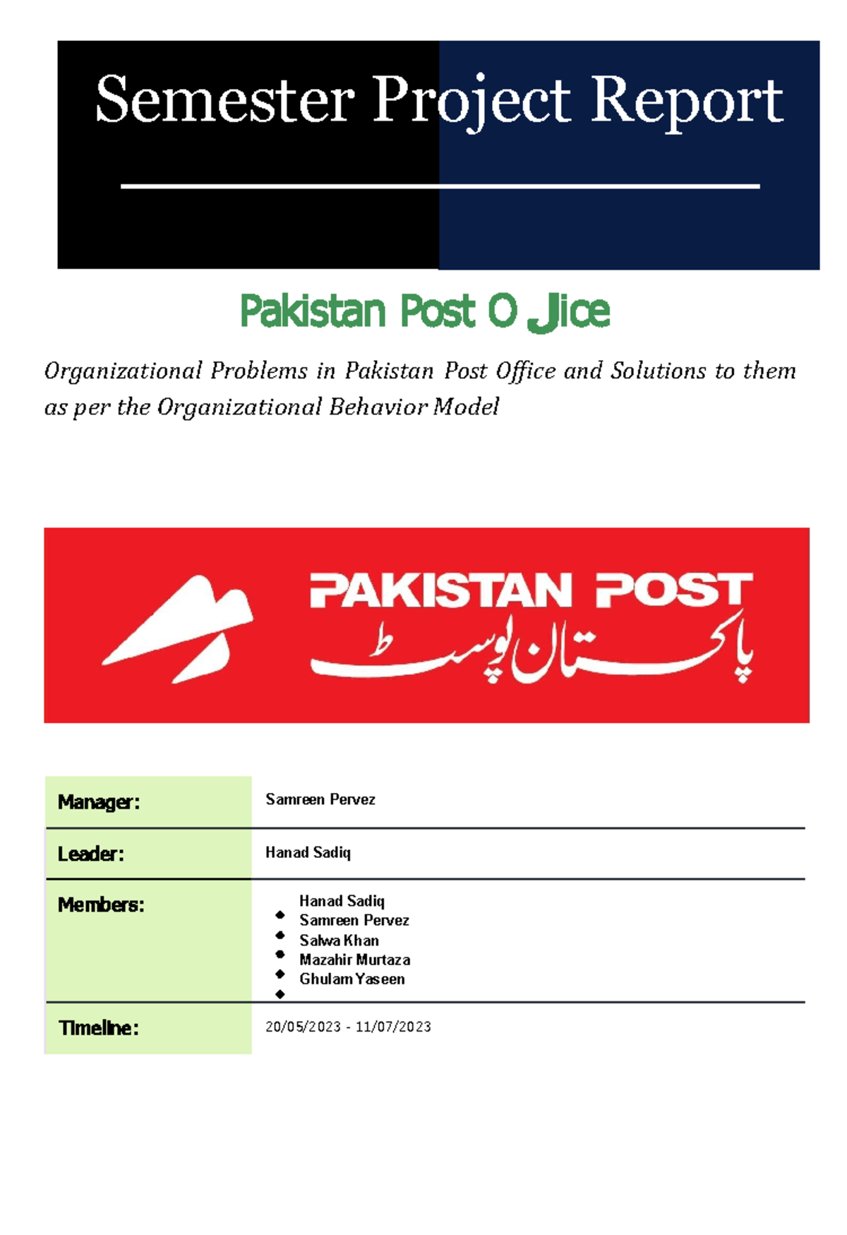 Organizational Behavior Project - Semester Project Report Pakistan Post ...