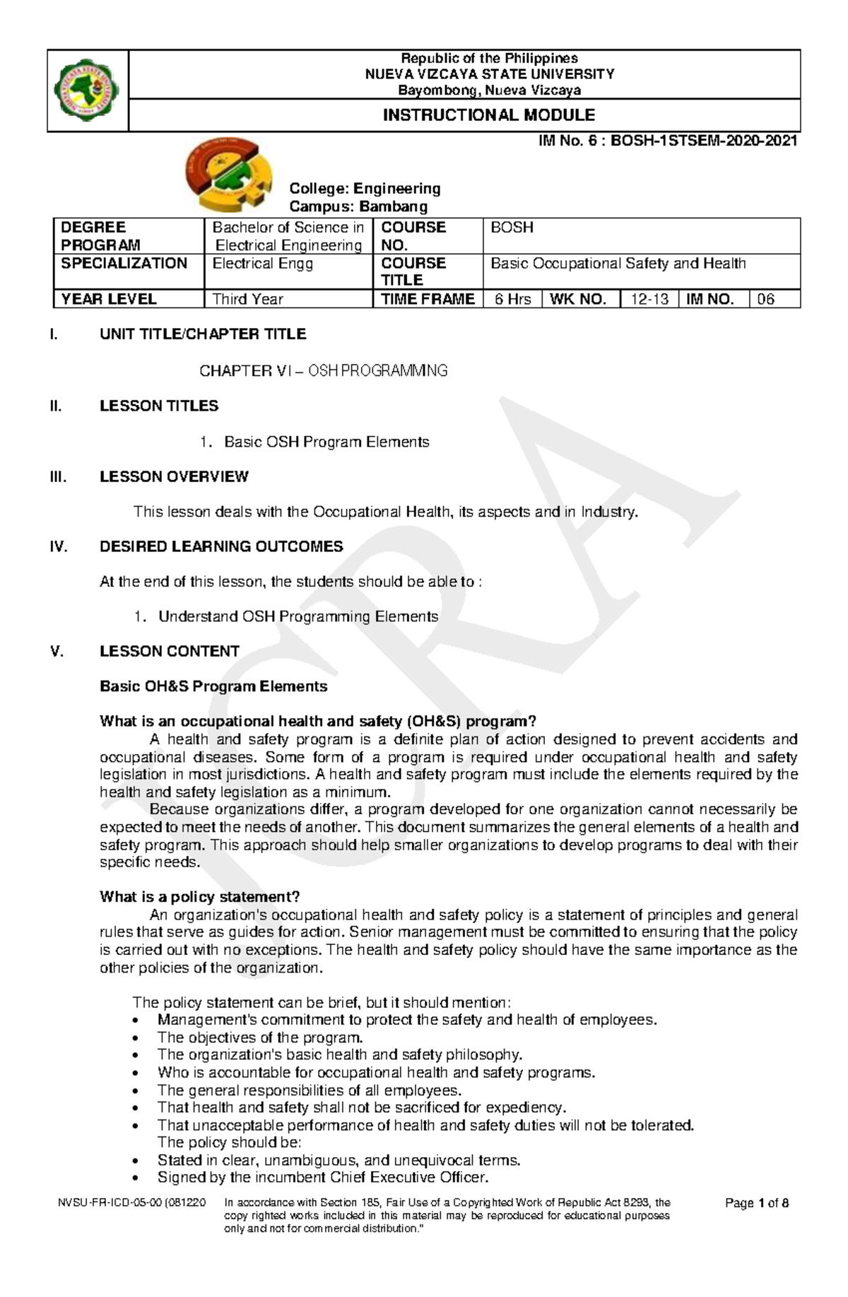 Basic Training of OSH - NUEVA VIZCAYA STATE UNIVERSITY Bayombong, Nueva ...