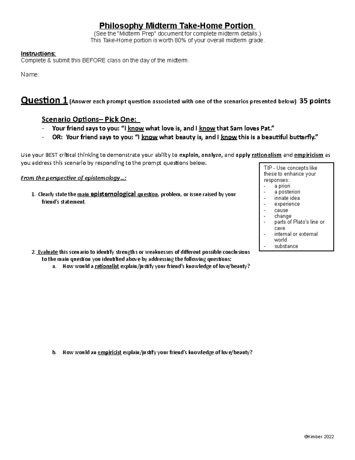 01 Philosophy Midterm Take-Home Portion Only T - Philosophy Midterm ...