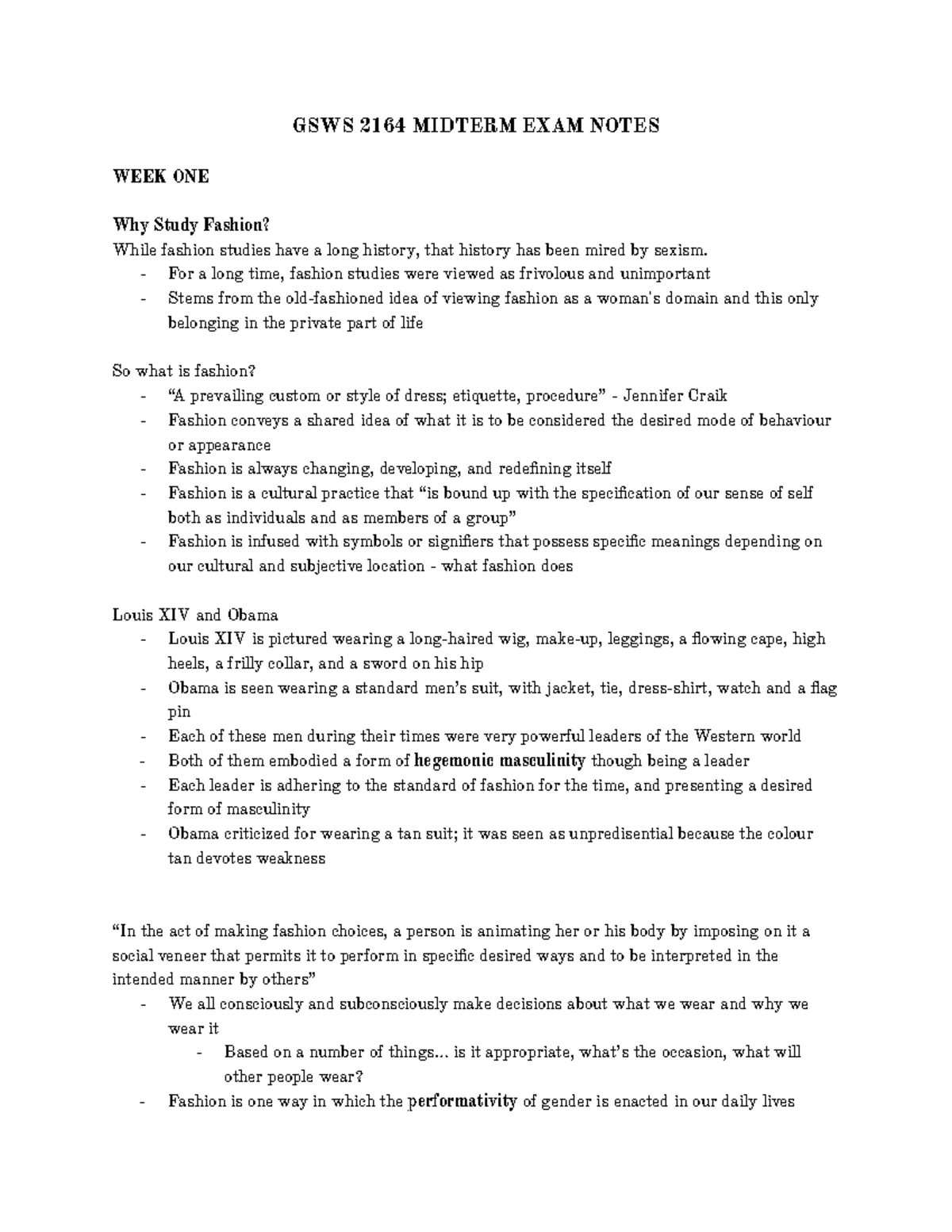 Notes for Midterm - GSWS 2164 MIDTERM EXAM NOTES WEEK ONE Why Study ...