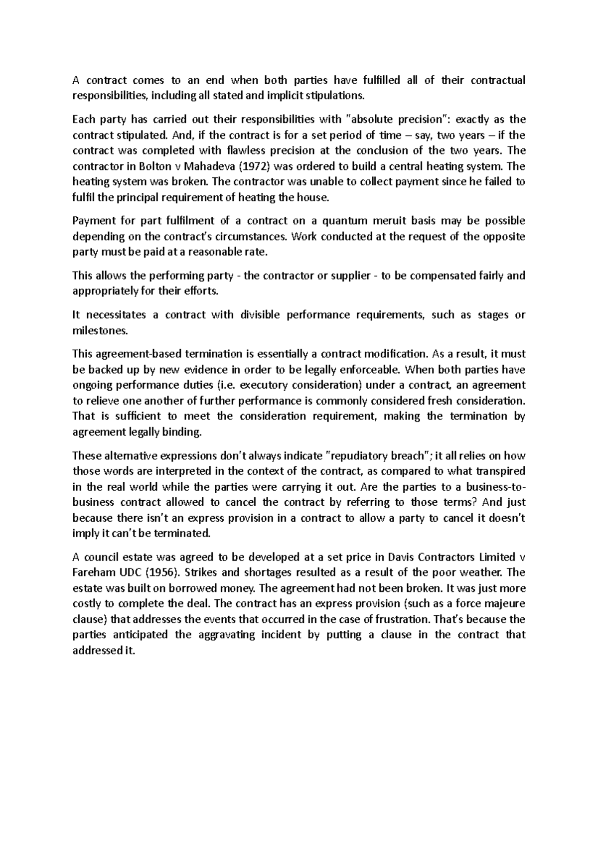Termination Of Contract Notes A Contract Comes To An End When Both