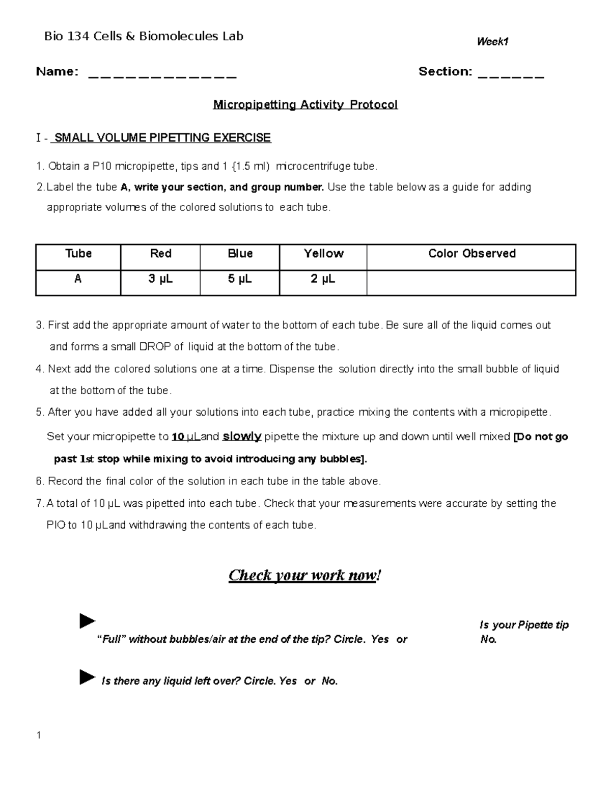 Bio 134 Wk 1 Introduction to Pipetting Protocol Fa2023 - Bio 134 Cells ...