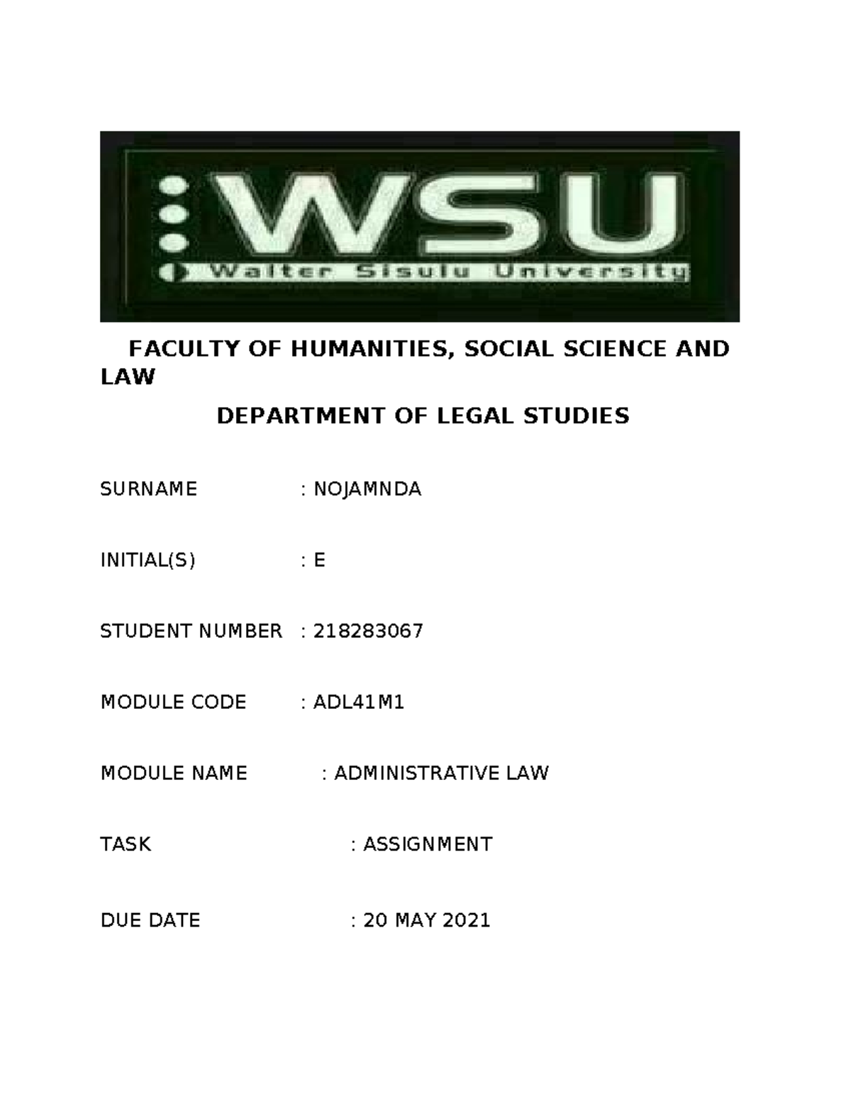 Admin Law Assign 1 - FACULTY OF HUMANITIES, SOCIAL SCIENCE AND LAW ...