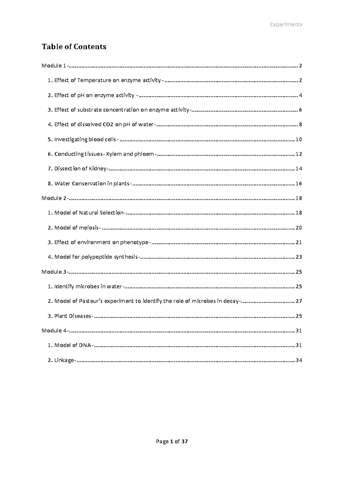 Biology Resources - Experiments - Table of Contents Module 1- Effect of ...