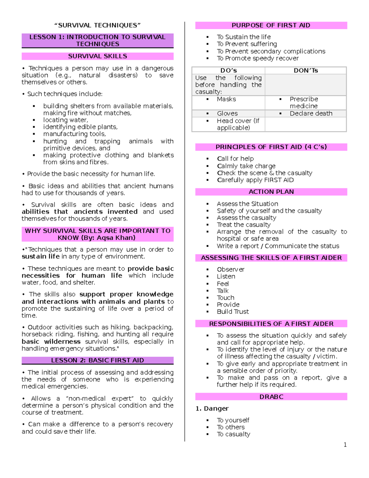 SURVIVAL-TECHNIQUES- Prelims - “SURVIVAL TECHNIQUES” LESSON 1 ...