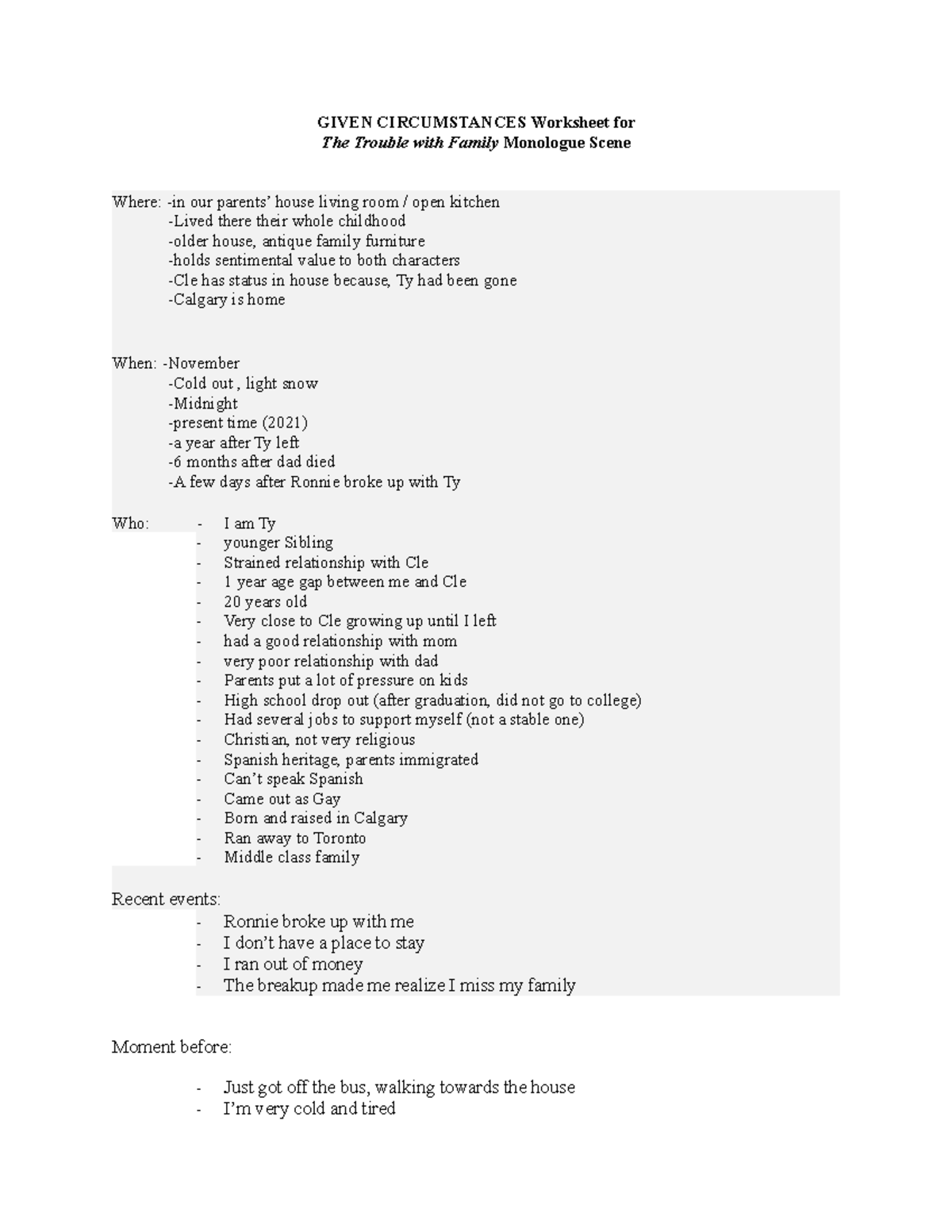 Given Circumstances Worksheet for The Trouble with Family Monologue ...