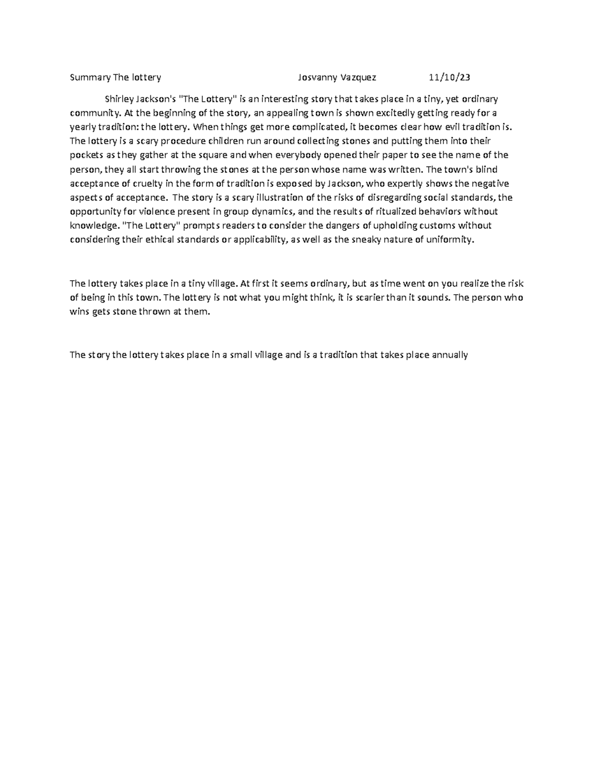 Shirley Jackson's The Lottery is an interesting story that t-3 ...