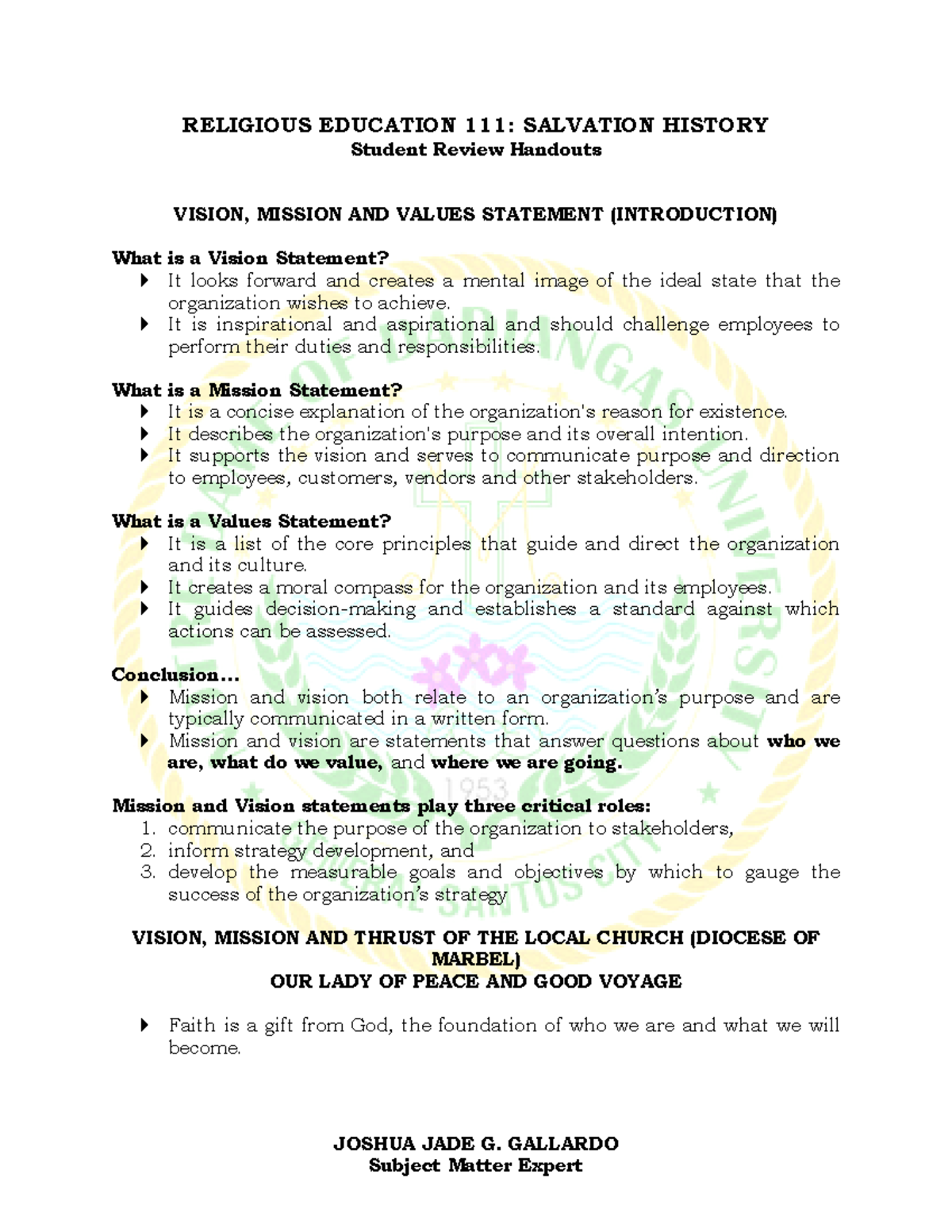 RE111 - Re 112 assignment - JOSHUA JADE G. GALLARDO RELIGIOUS EDUCATION ...