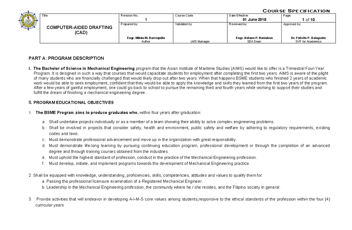 OBE Computer- Aided Drafting ME - Title: Revision No.: Course Code ...