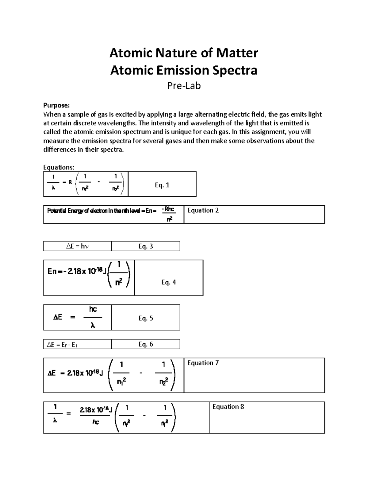 Hydrogen Line Spectra Virtual Pre-lab - Atomic Nature of Matter Atomic ...
