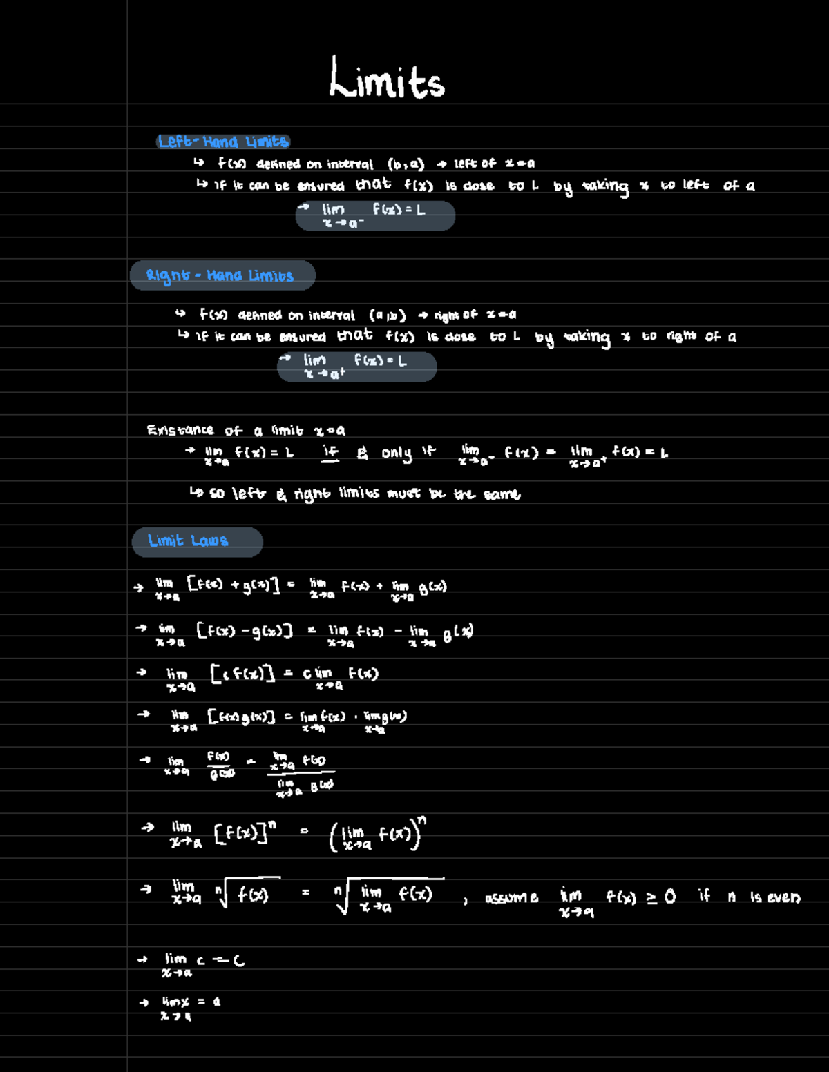 Limits and Continuity - Summary - Limits Left-Hand Limits > f(x ...