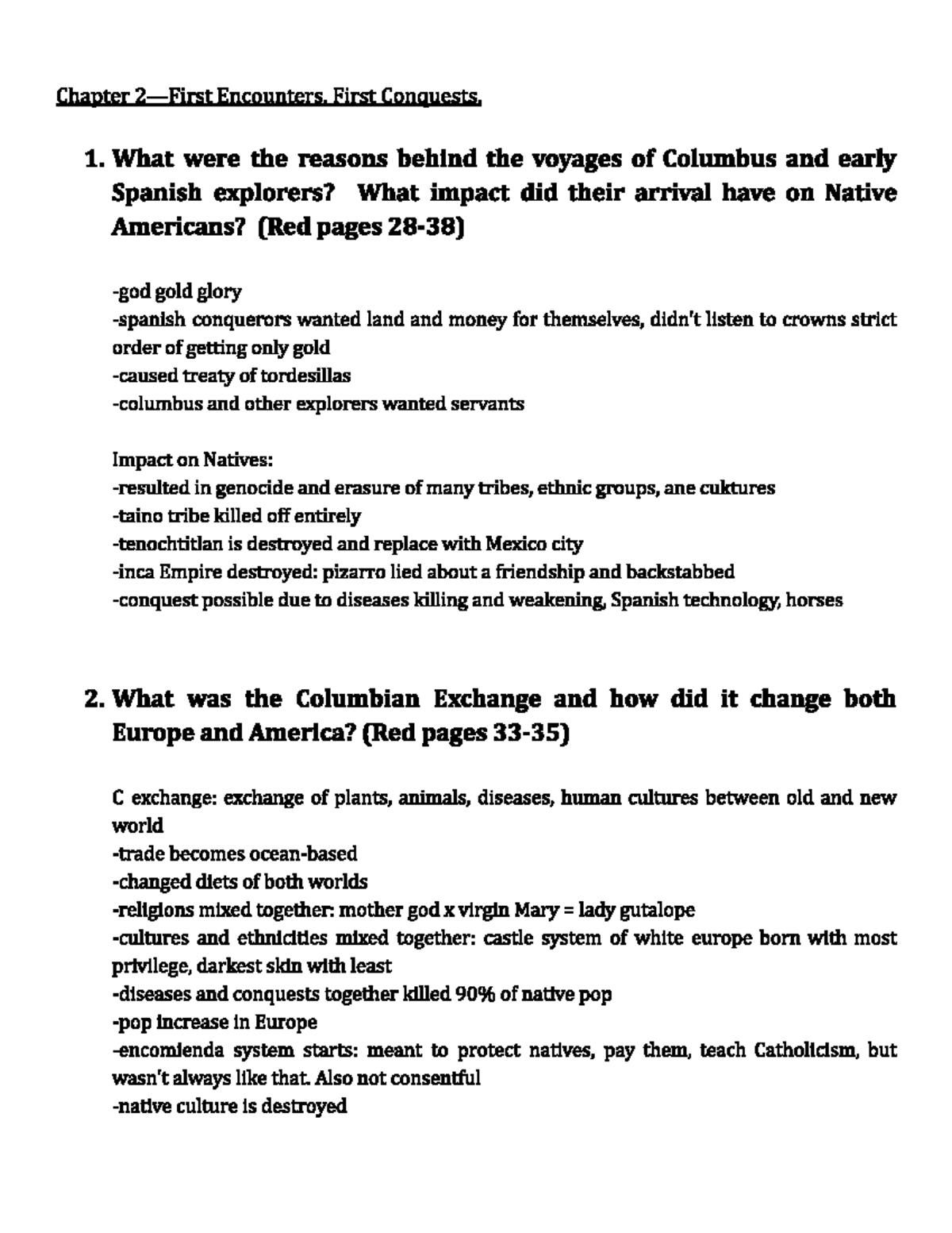 US History Chapter 2 Questions Part 1 - Chapter Encounters, First ...