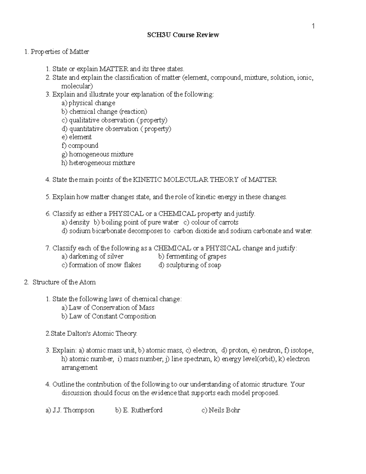 SCH3U Course Review - SCH3U Course Review Properties of Matter State or ...