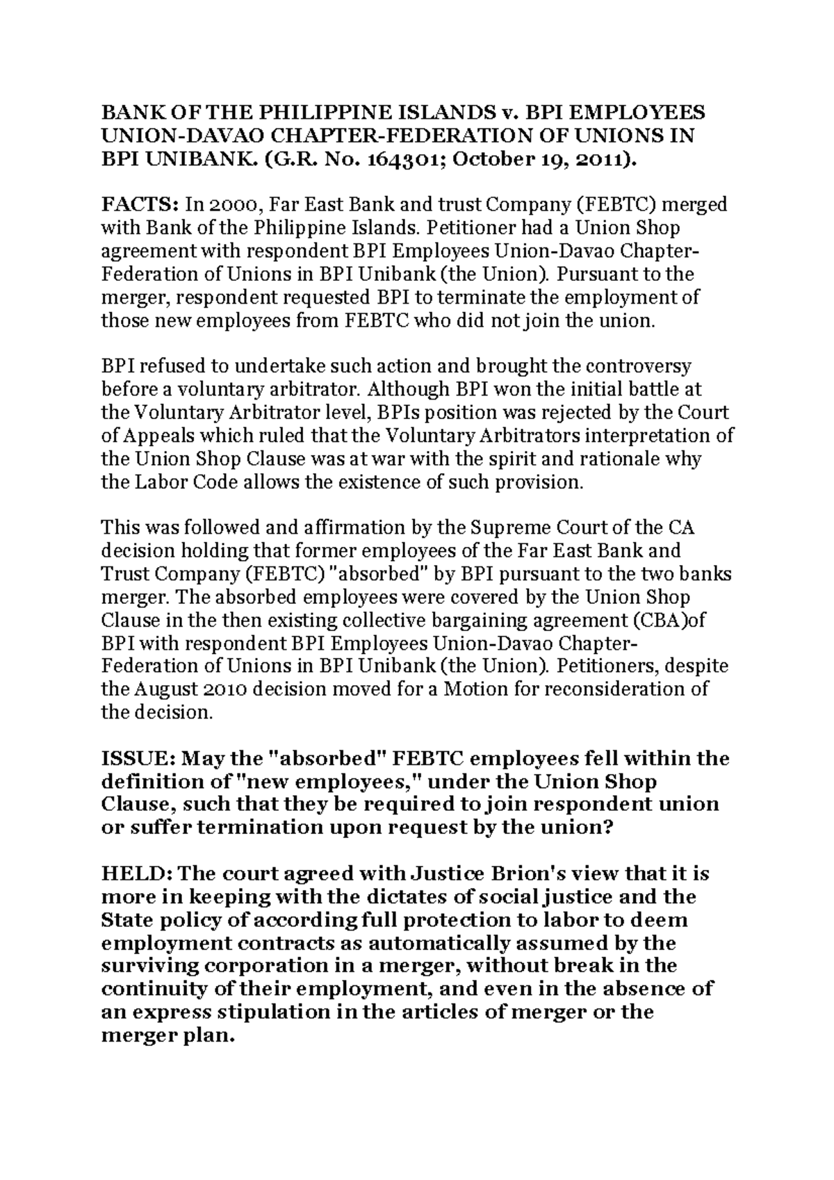 BPI vs BPI Employees Union Davao GR No 164301 - BANK OF THE PHILIPPINE ...