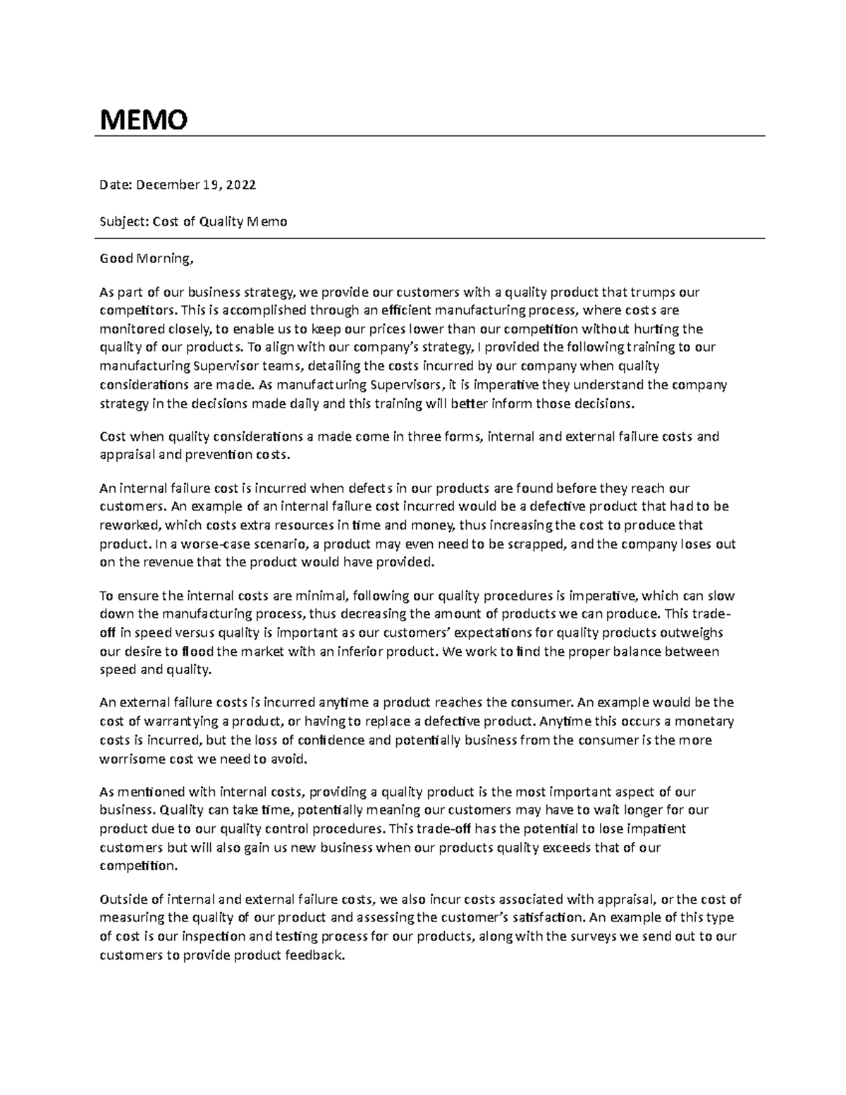 QHT1 Task 1 - Task submission - MEMO Date: December 19, 2022 Subject ...