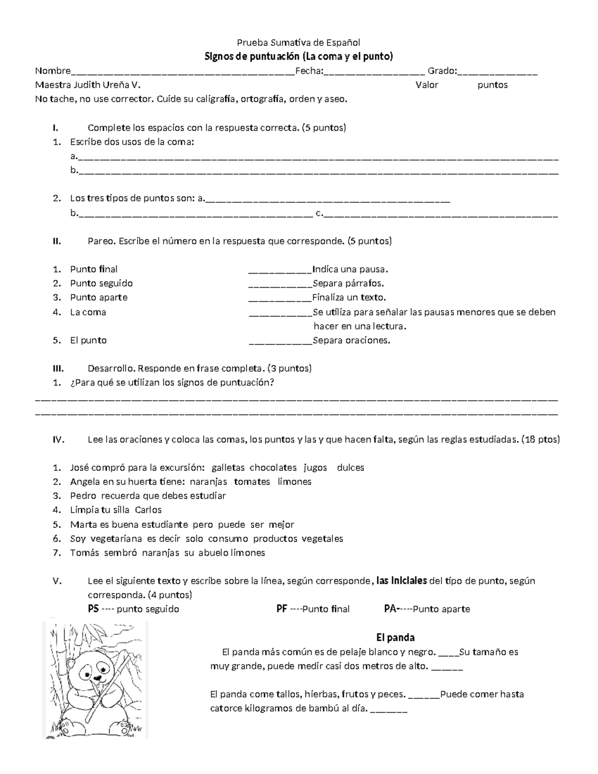 Signos de puntuacion - Prueba Sumativa de Español Signos de puntuación ...