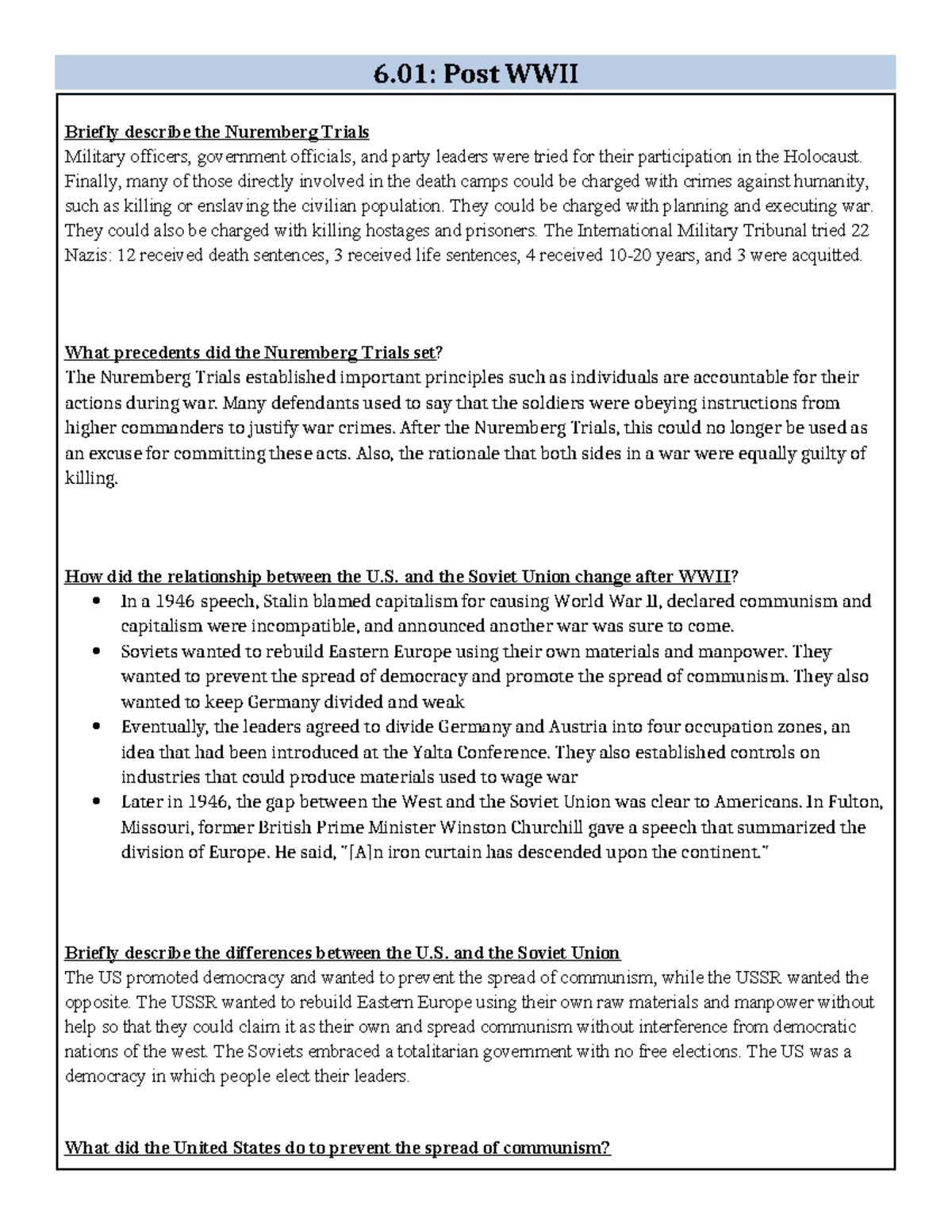 USH Mod 6 Notes - Chapter 6 - 6: Post WWII Briefly describe the ...