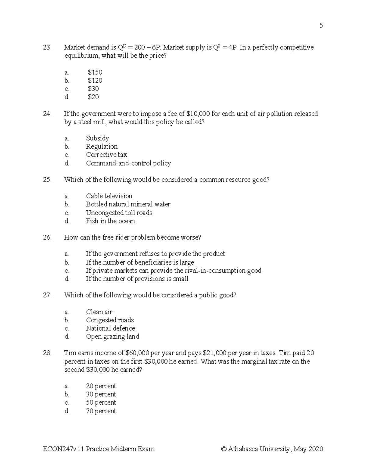 Econ 247 P Mid - Practice Midterm - 5 ECON247v11 Practice Midterm Exam ...