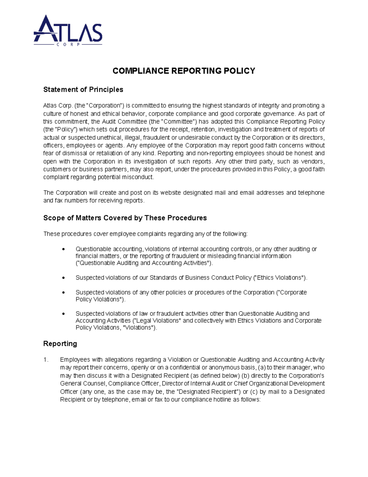 Compliance Reporting Policy - COMPLIANCE REPORTING POLICY Statement of ...