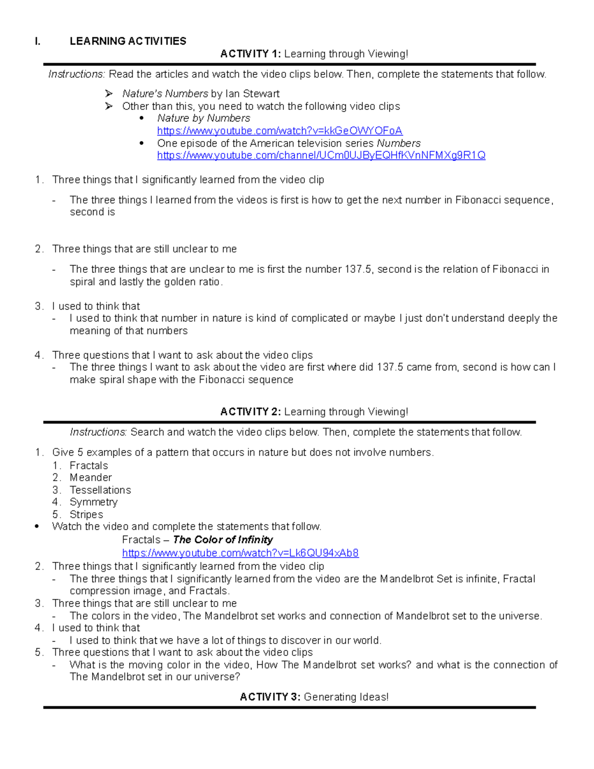 Learning Activities - Module No. 1 - I. LEARNING ACTIVITIES ACTIVITY 1 ...