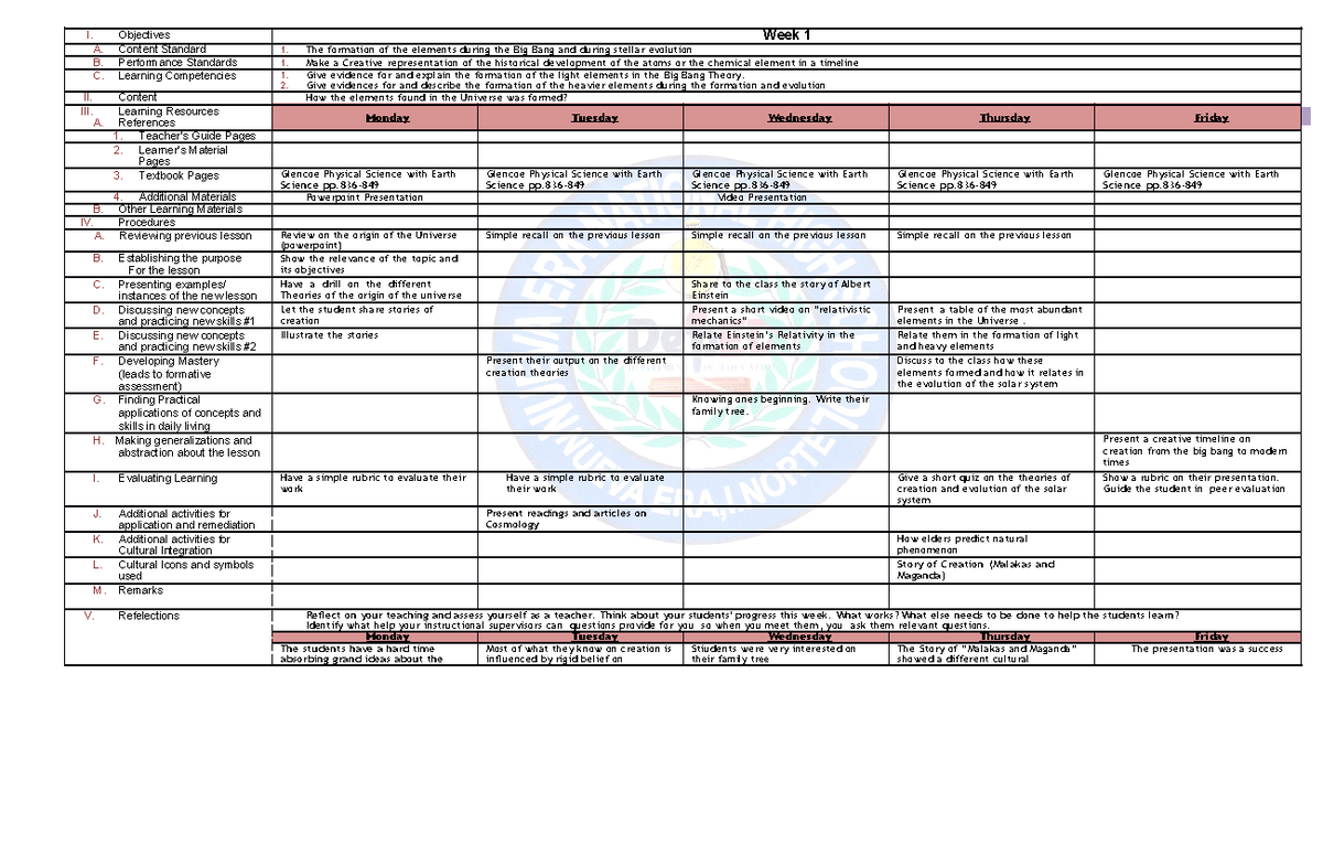 New dll physical science - I. Objectives Week 1 A. Content Standard 1 ...