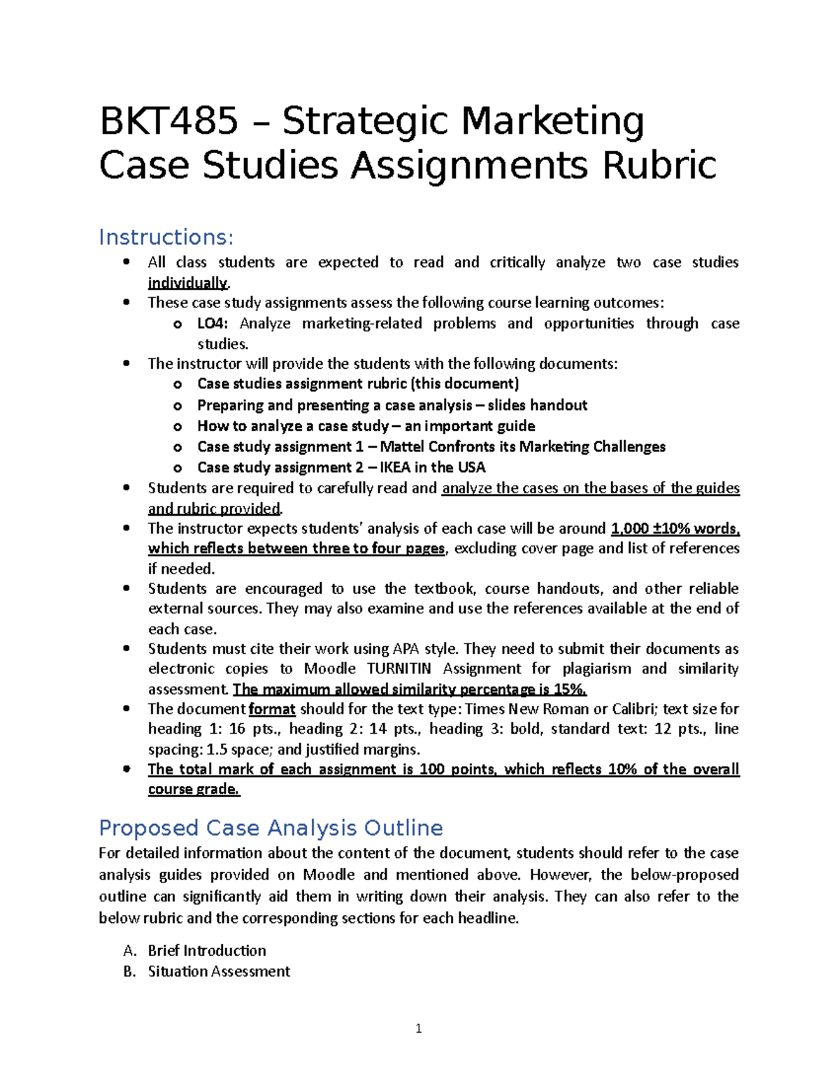 BKT485-Case Studies Rubric(sp-23) - BKT485 – Strategic Marketing Case Studies Assignments Rubric ...