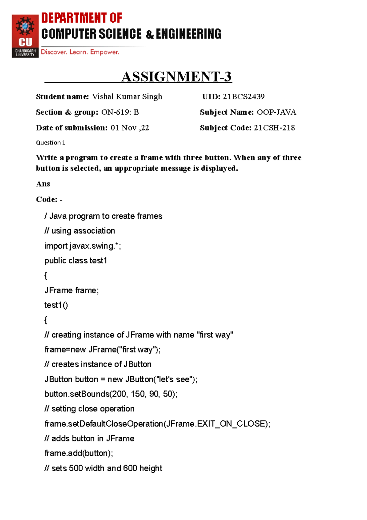 Assignment 2 - DEPARTMENT OF COMPUTER SCIENCE & ENGINEERING ASSIGNMENT ...