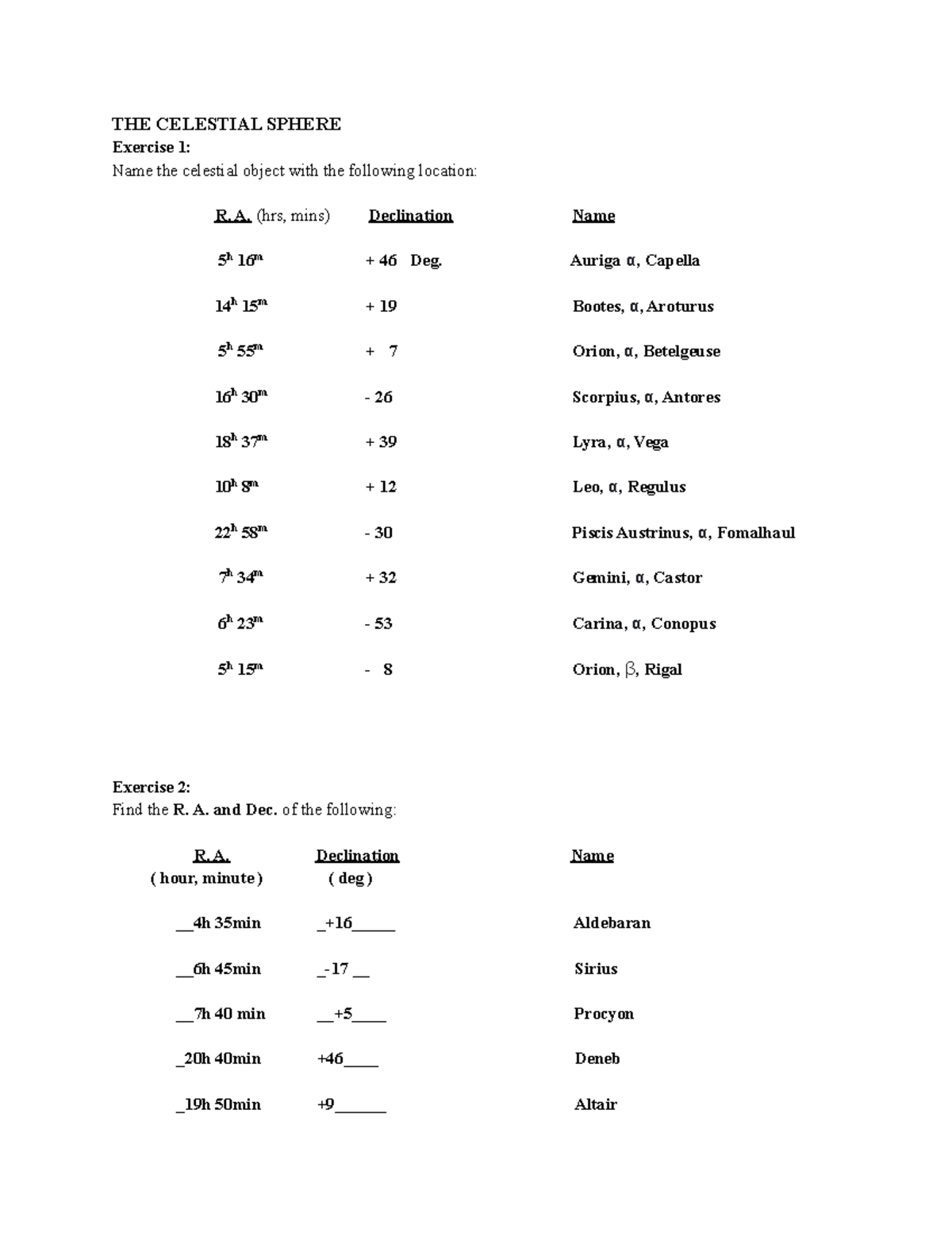 THE Celestial Sphere-2 - THE CELESTIAL SPHERE Exercise 1: Name the ...