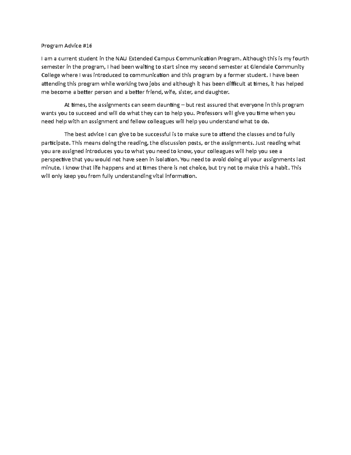 PA 16 - Program Advice. - Program Advice #16 I am a current student in ...