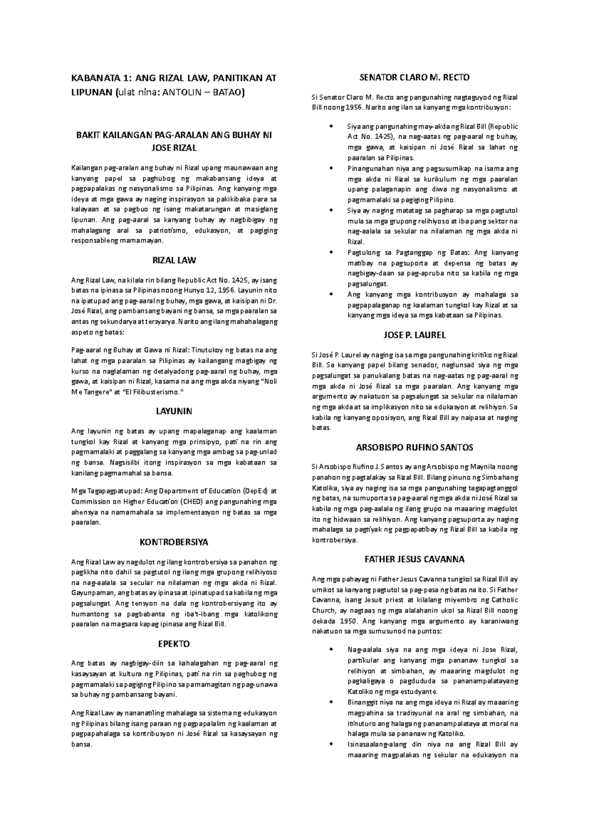 Kabanata-1- Handout - STUDY - KABANATA 1: ANG RIZAL LAW, PANITIKAN AT ...