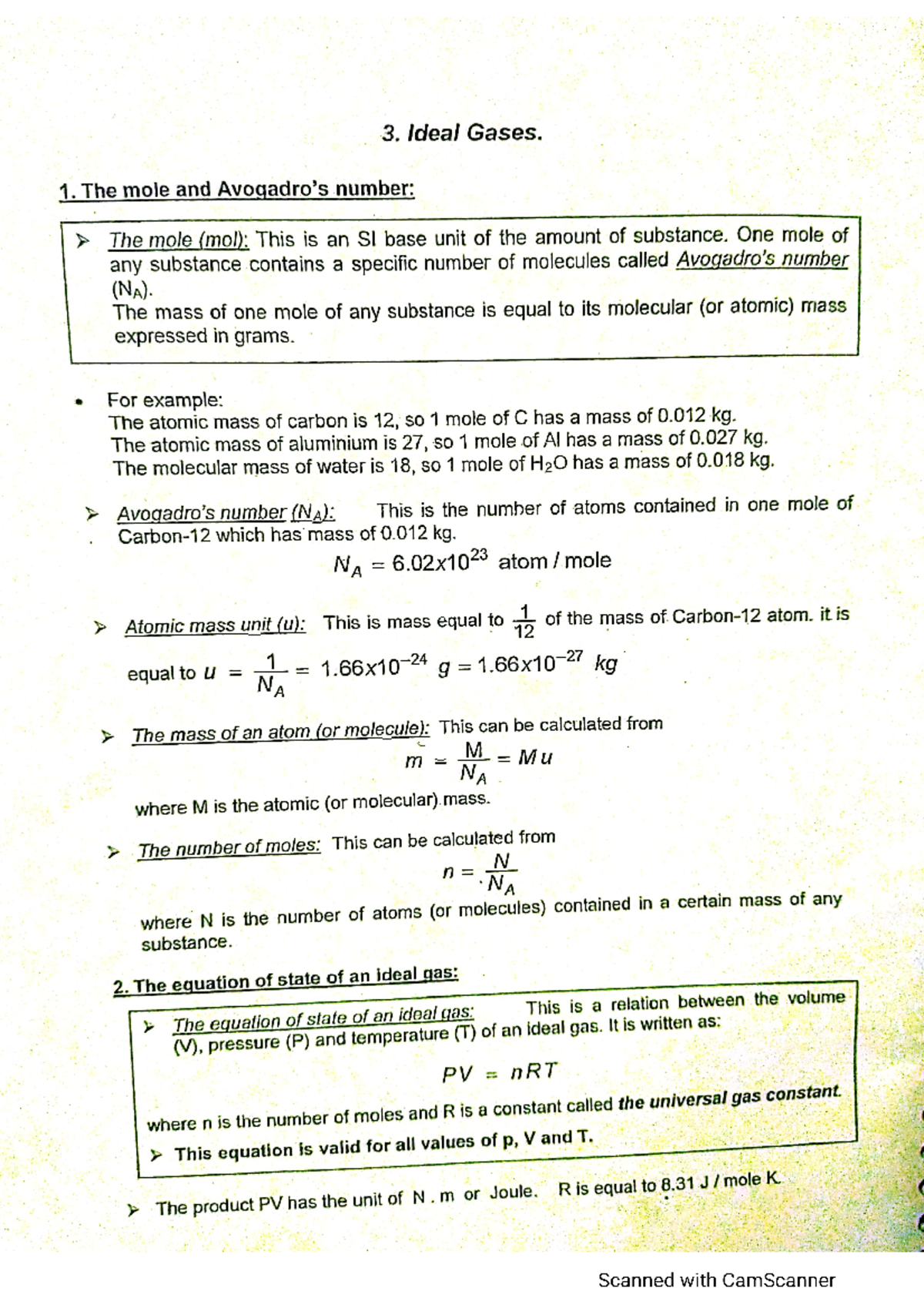 Ideal gases notes - 3. Ideal Gases. 1. The mole and number: The mole ...