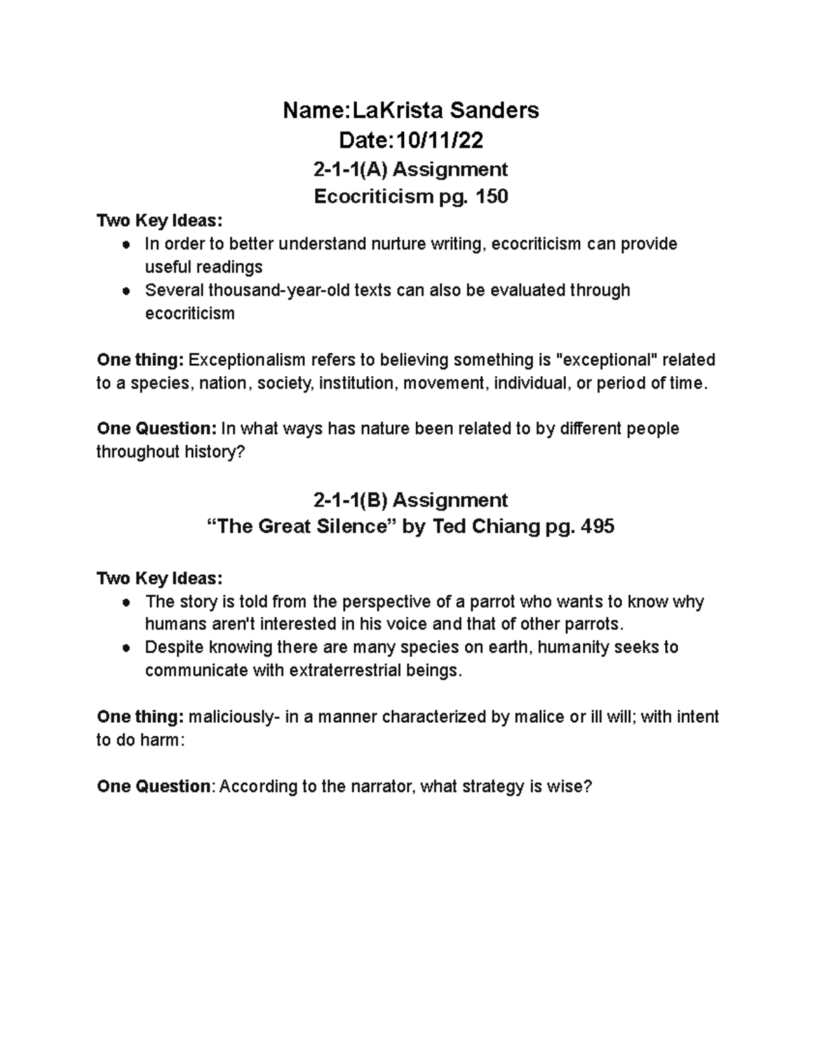 2 1 1 October 12 La Krista Sanders - Name:LaKrista Sanders Date:10/11 ...