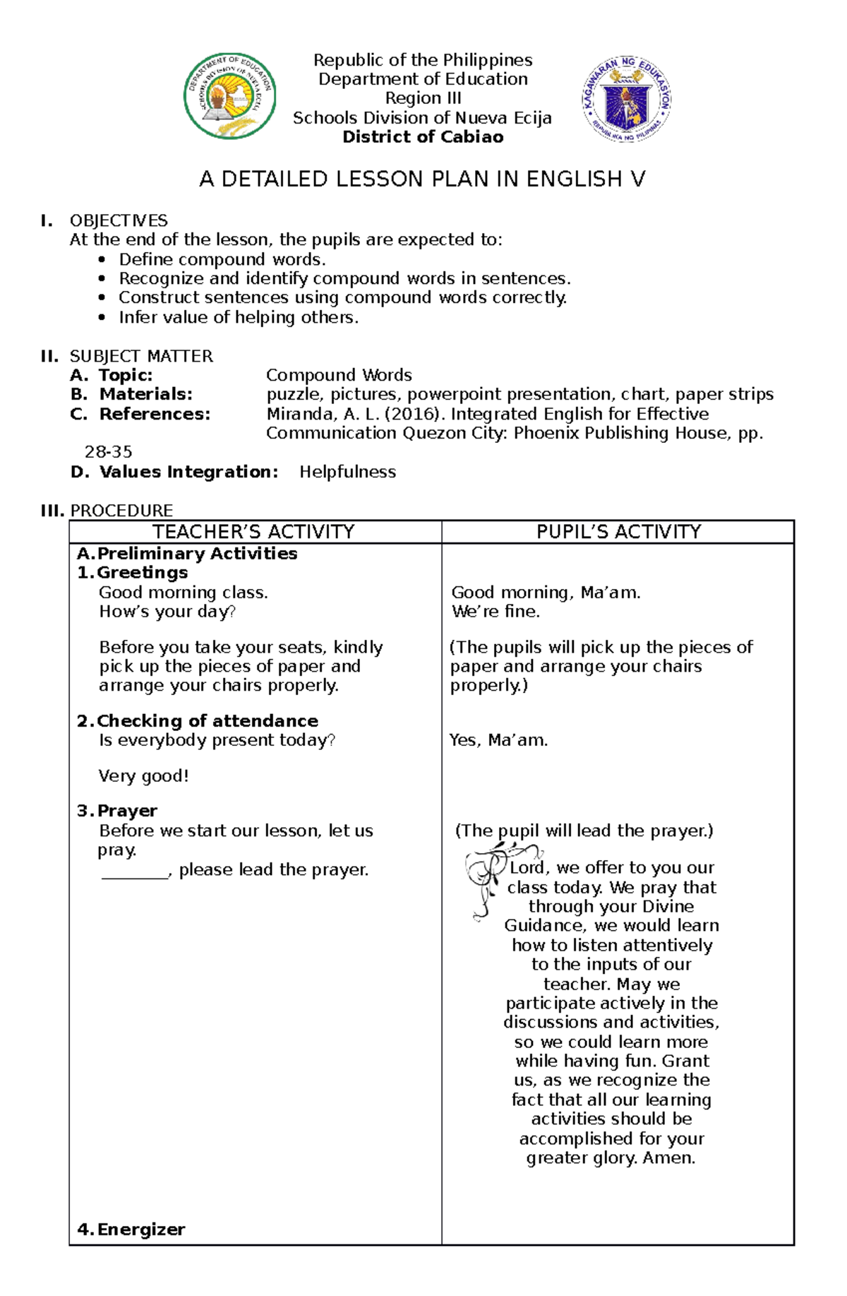 Lesson-PLAN compound words - Republic of the Philippines Department of ...