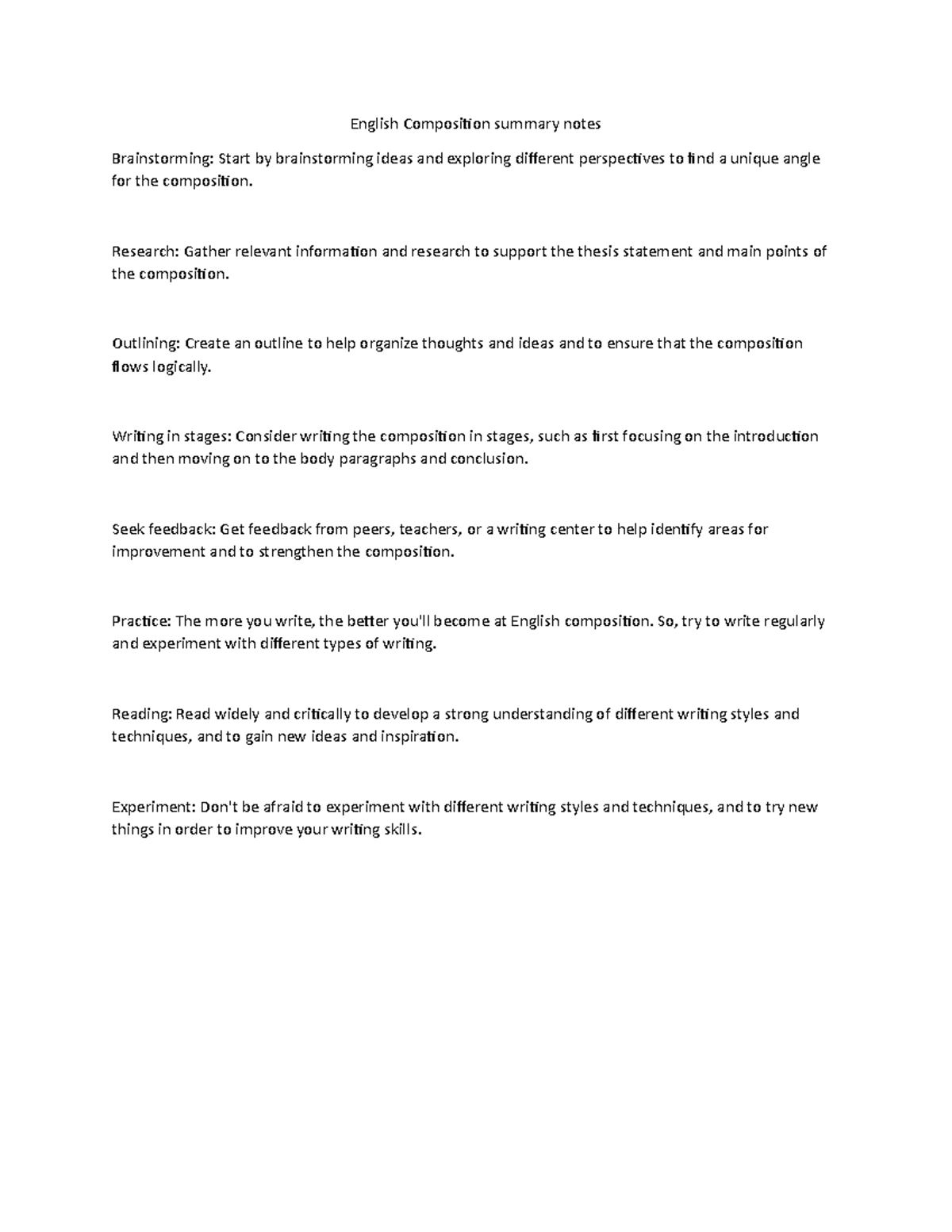 English Composition summary notes - Brainstorming: Start by ...